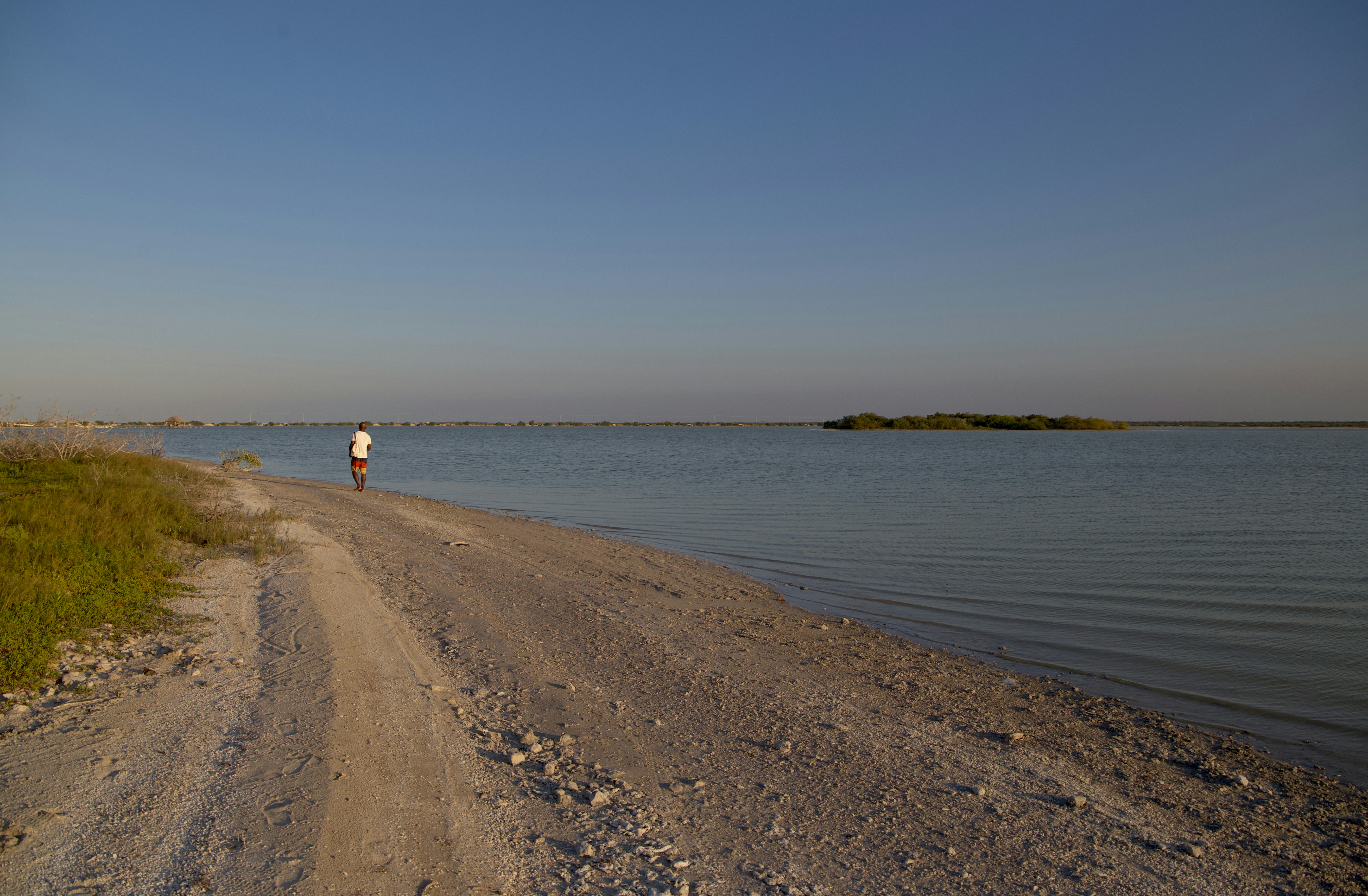 Pebble Path to the Calm Gulf: A Lone Figure by the Waterline