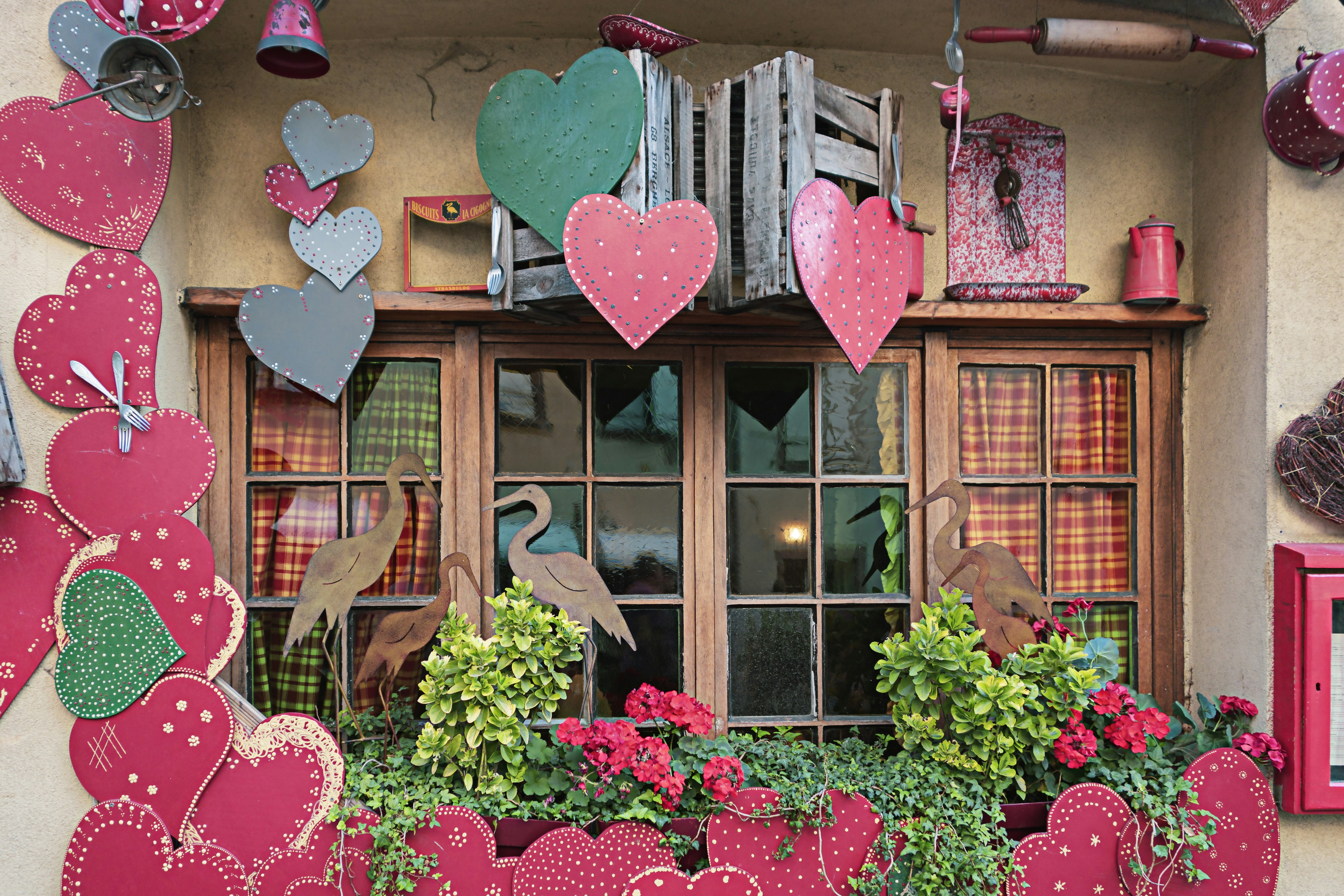 Valentine's Window: Flamingos Among Heart Garlands and Foliage