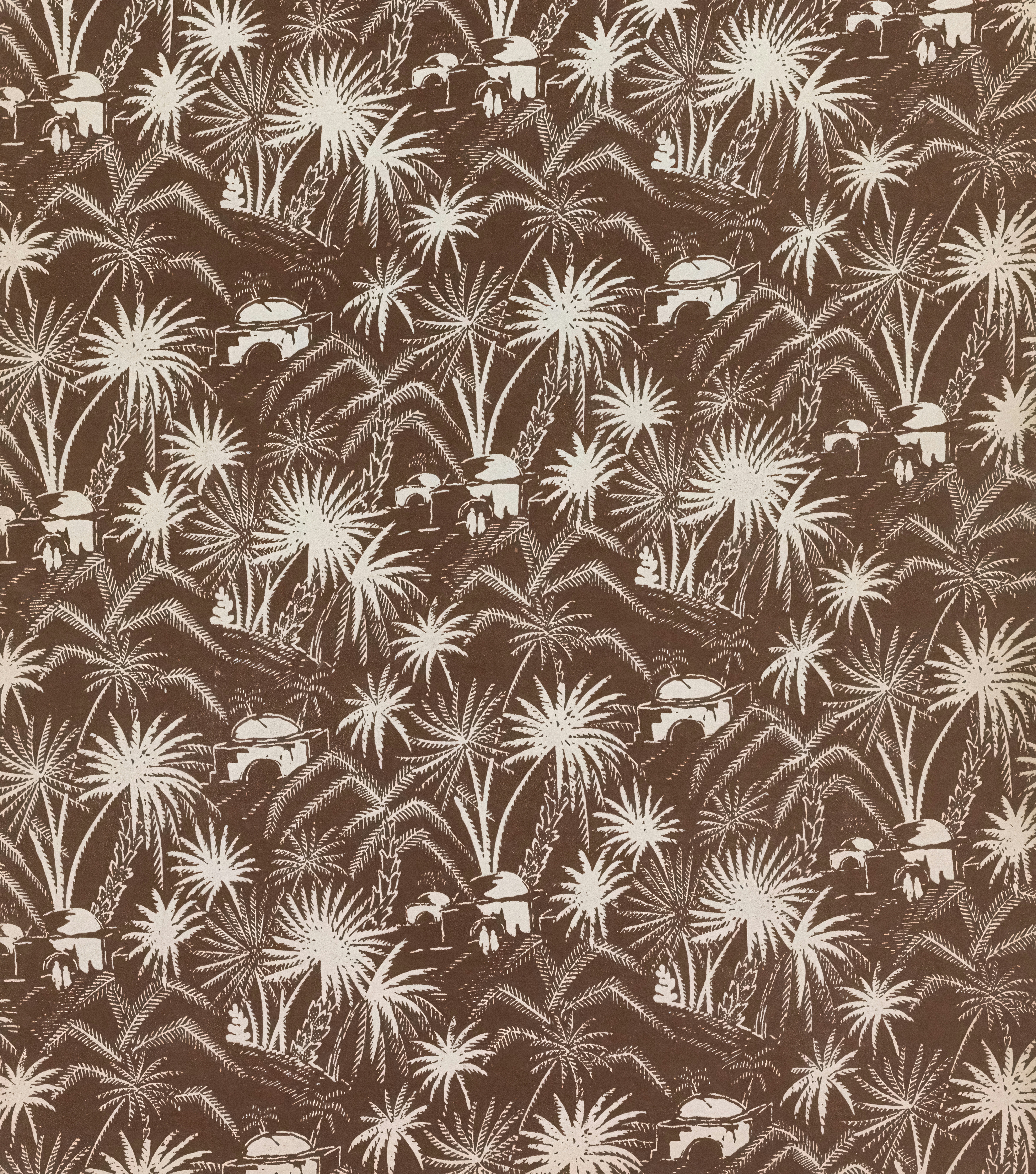 Repeating sepia-toned wallpaper pattern featuring palm trees and small vintage cars. It reads as a textile/design motif rather than a photograph.