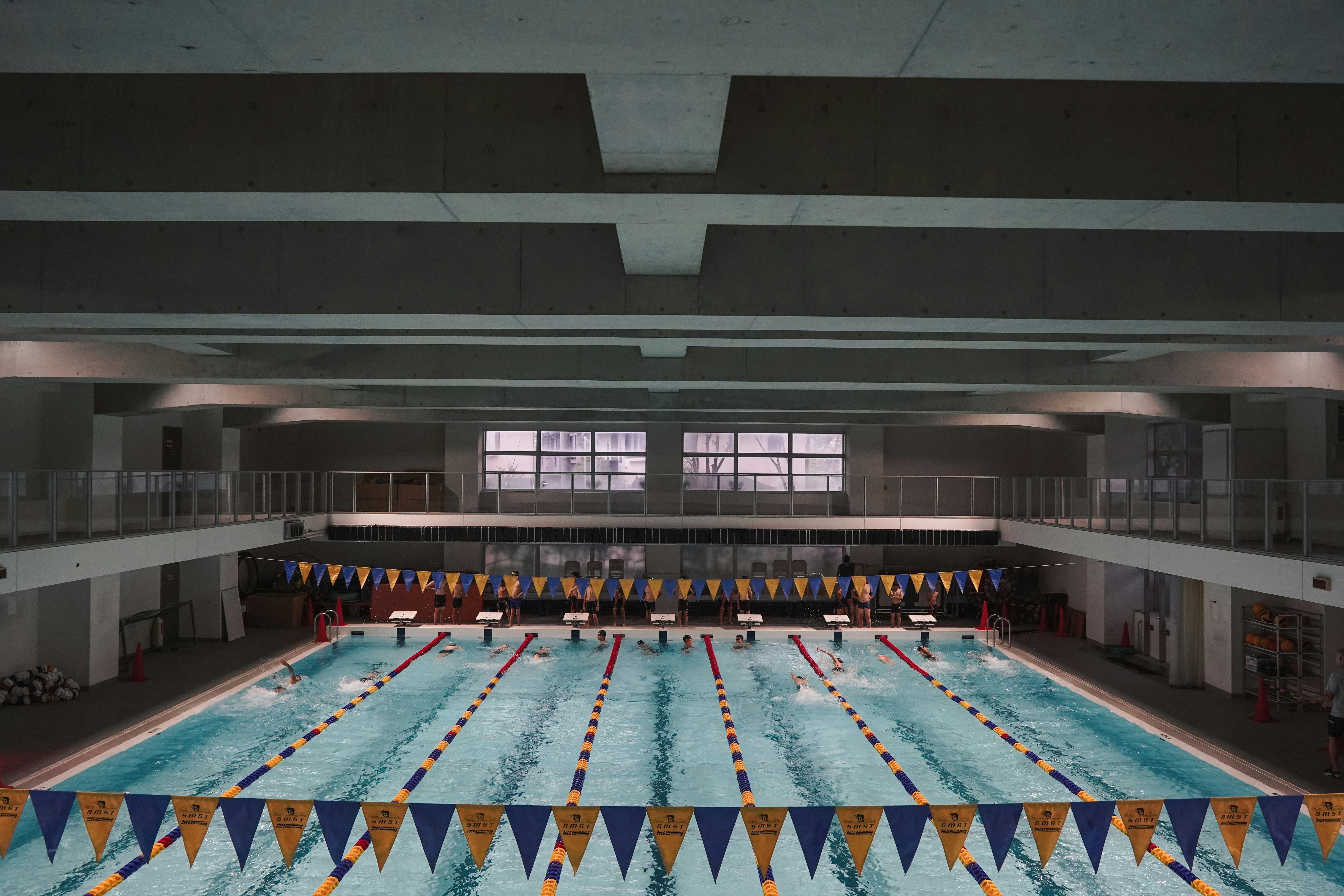 A large swimming pool with a long row of flags photo – Free Building ...