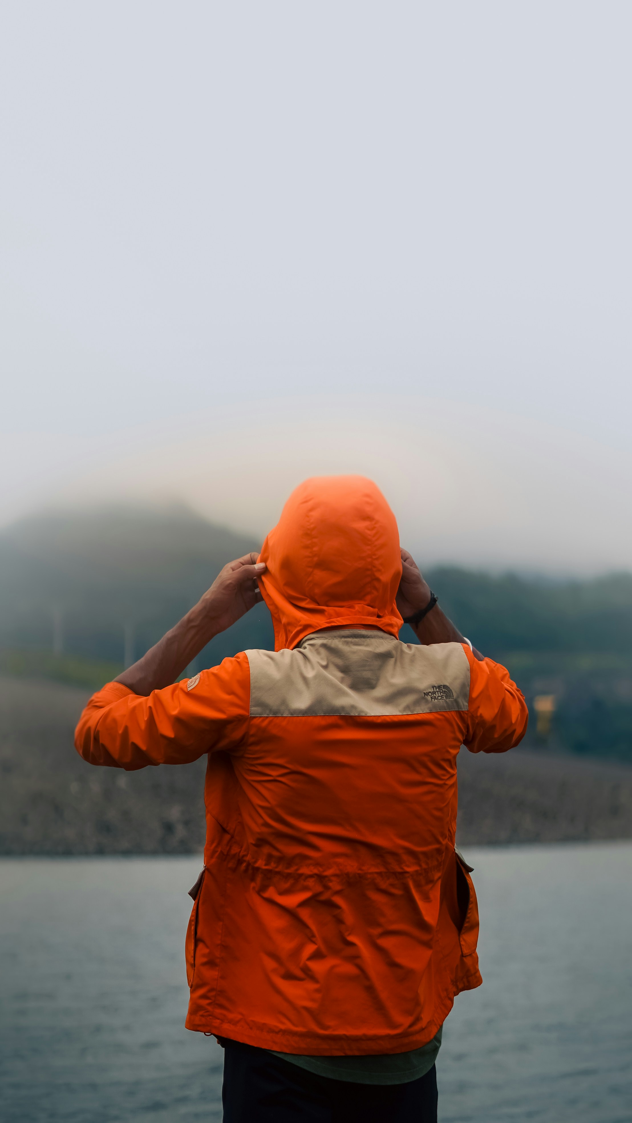 Mist and Orange Hood: A Back-Turned Figure Framing the Shrouded Shore