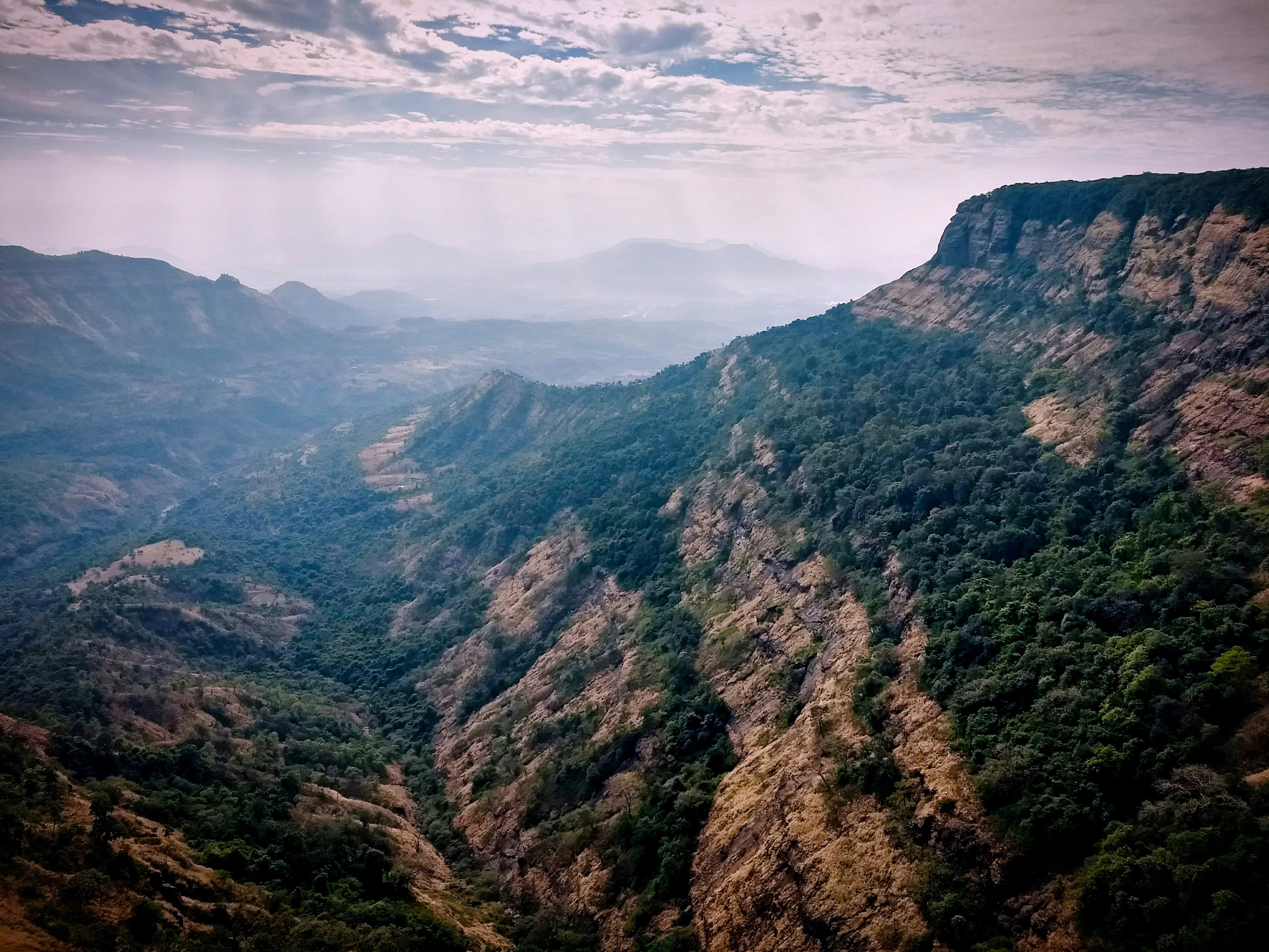Expansive canyon ridges carved through dense forest stretch toward a hazy horizon. The scene emphasizes depth and the quiet scale of mountainous terrain.