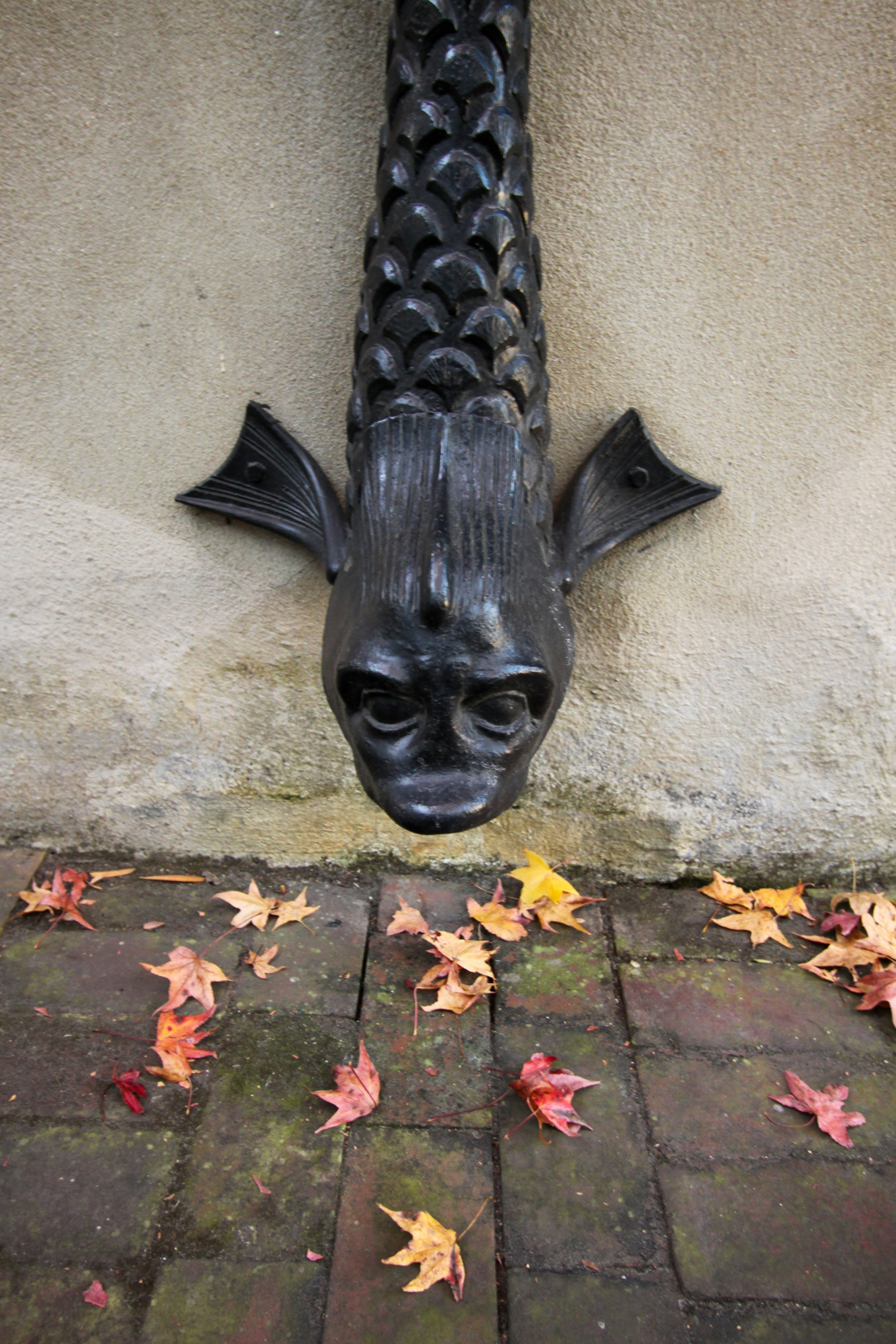 The Downward Watcher: Cast-Iron Fish on a Weathered Wall
