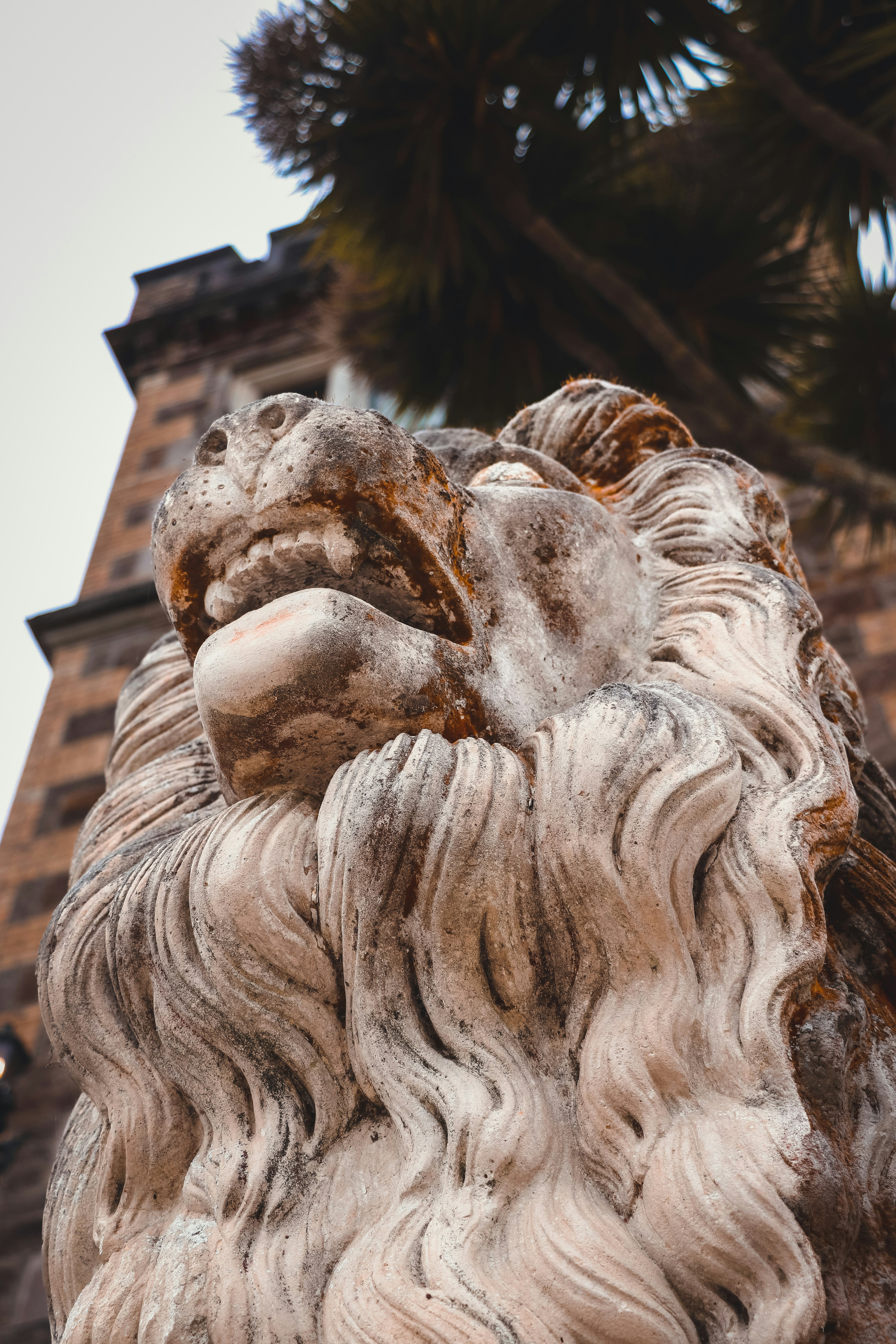 a stone lion statue in front of a brick building