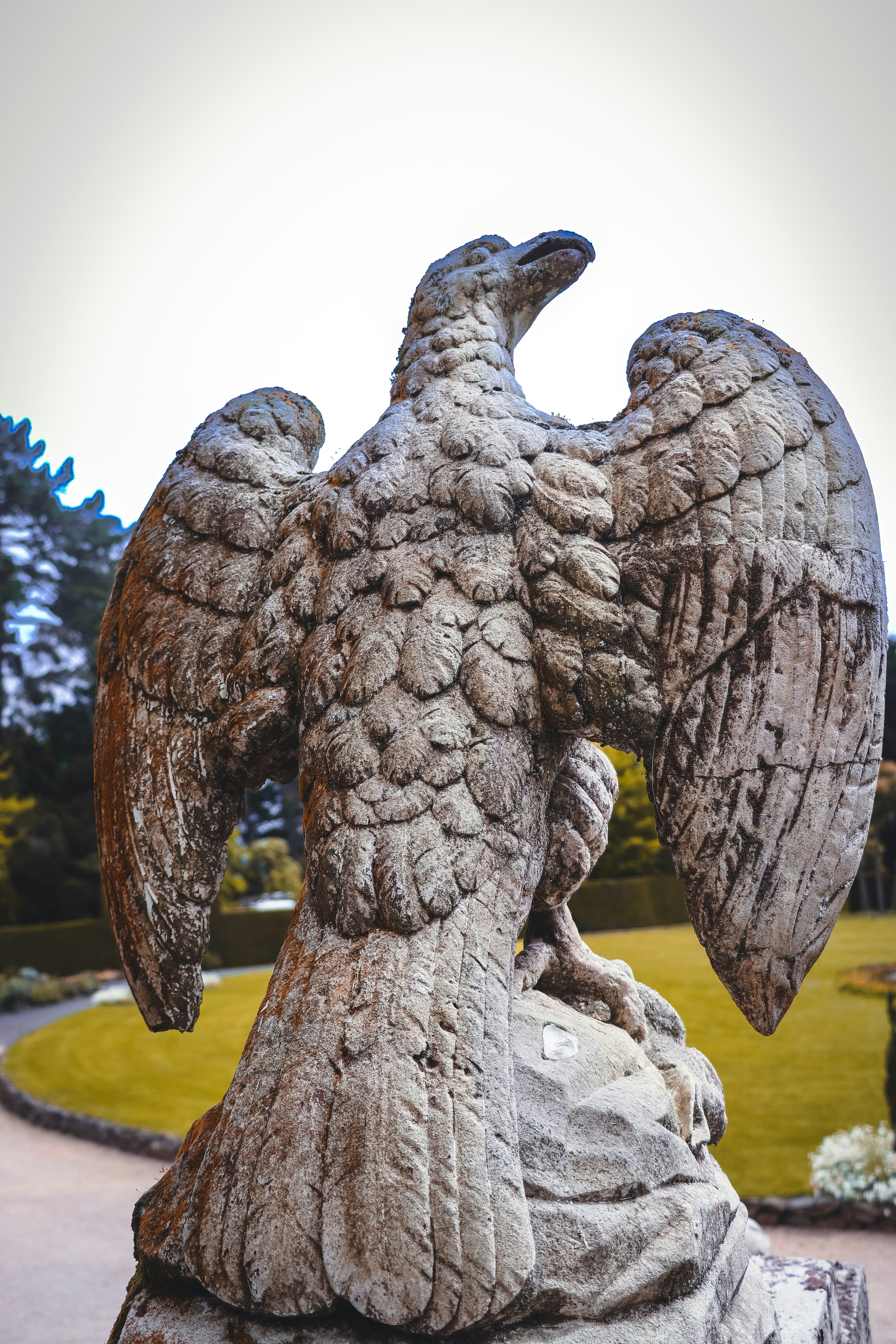 Stone Sentinel: The Winged Eagle Standing Guard Over a Curved Garden Path