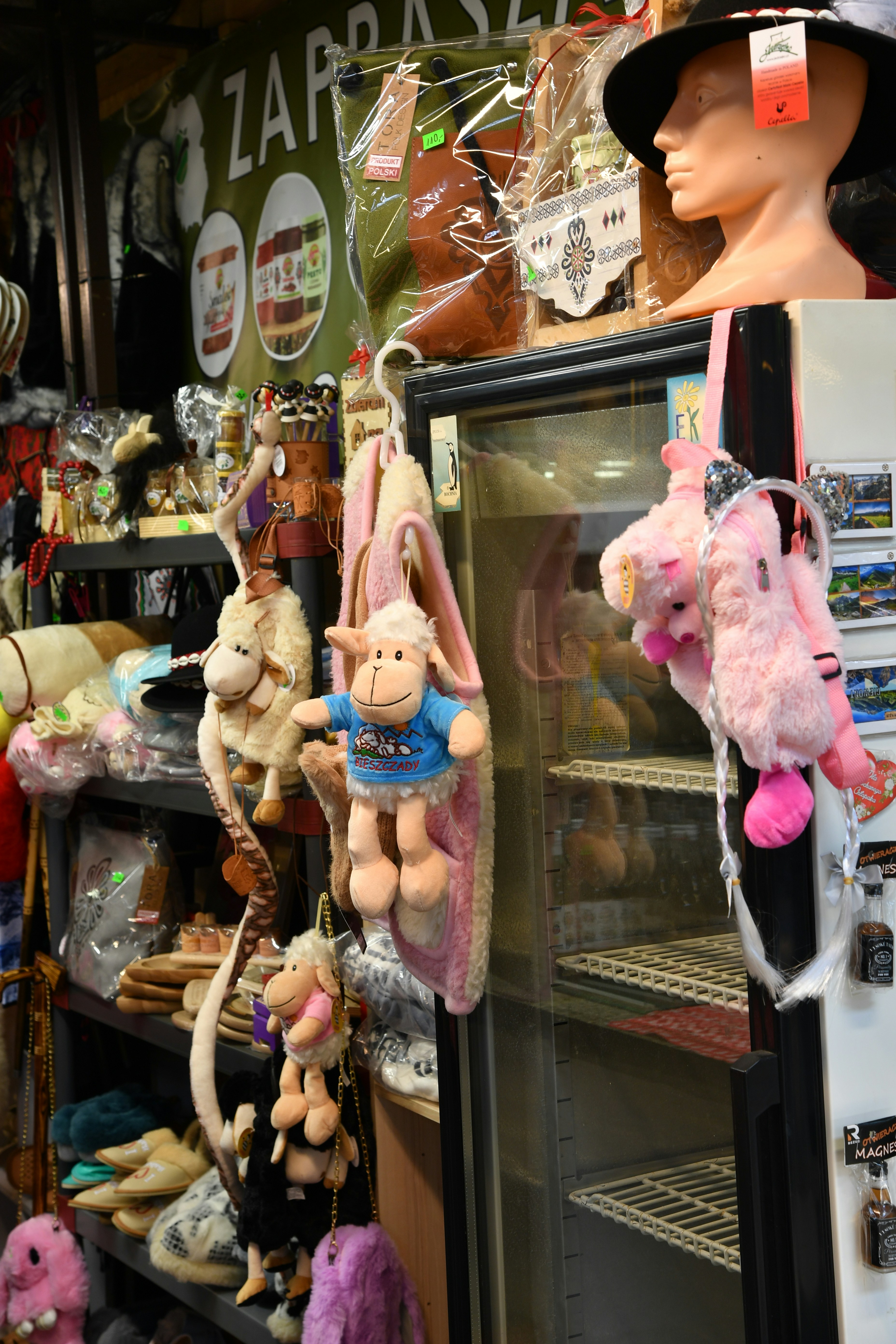 Colorful Plush Parade by a Glass-Front Shop Cabinet