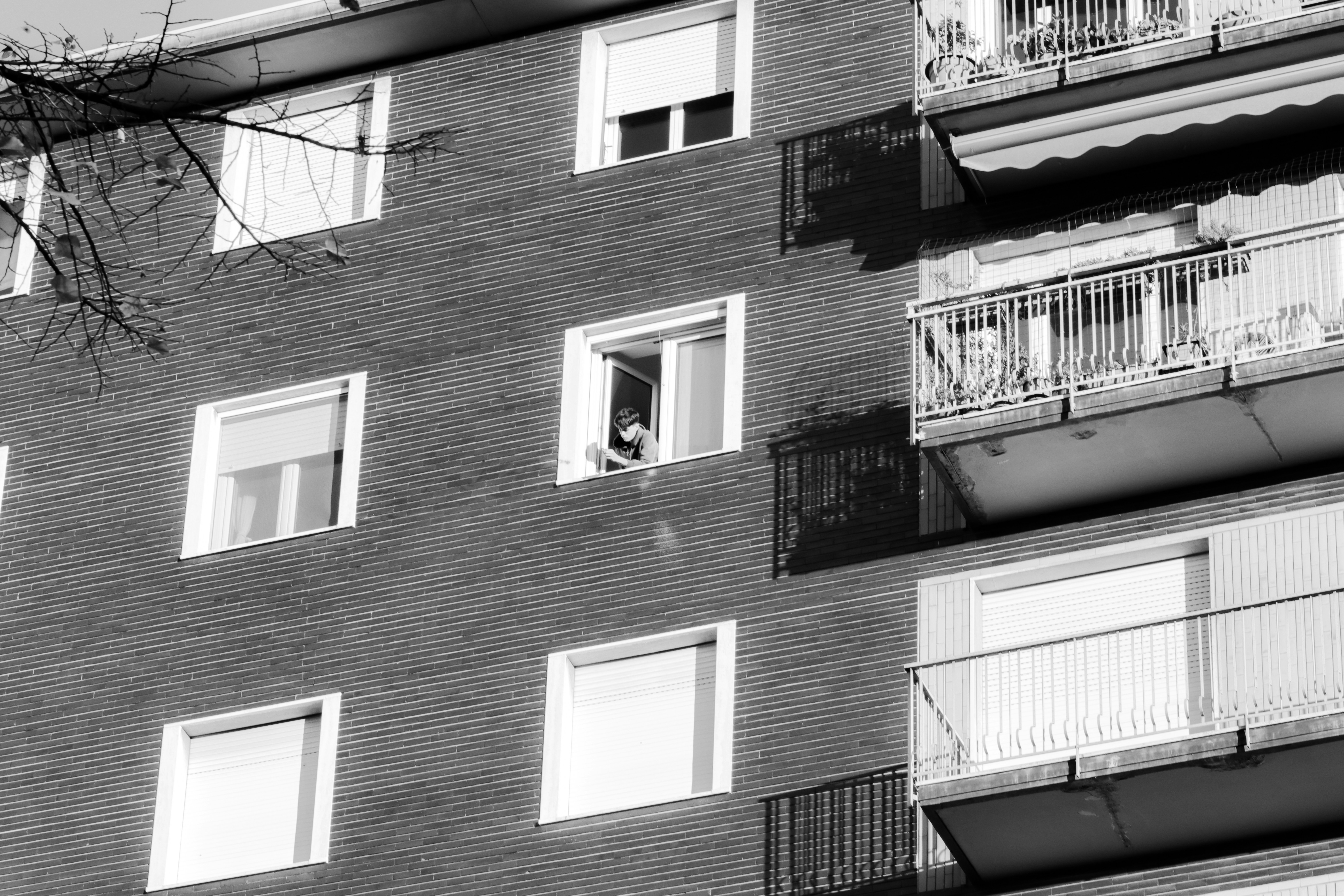 A boy leaning out a window