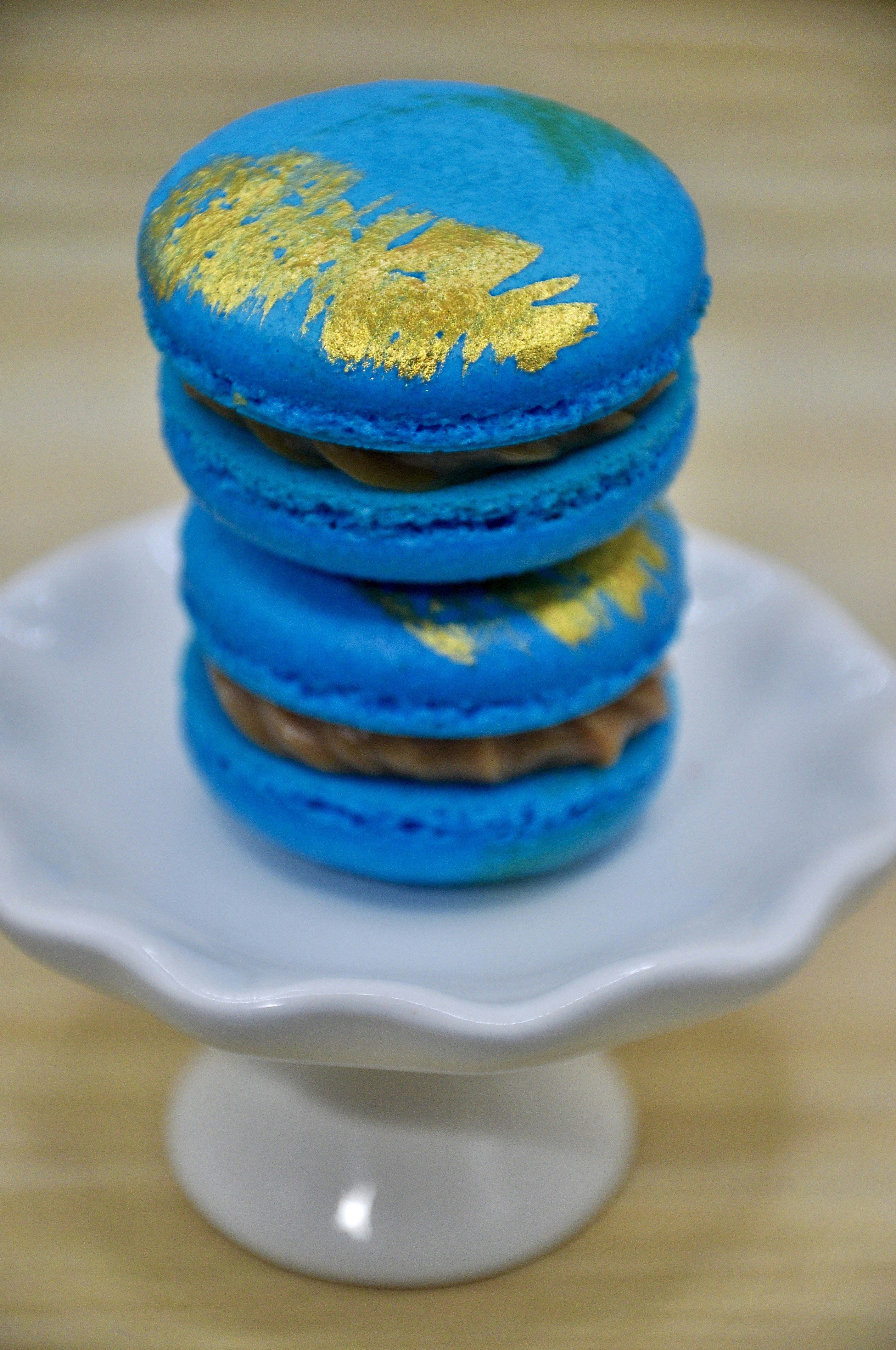A stack of blue and gold macaroons on a white plate photo – Free Usa ...