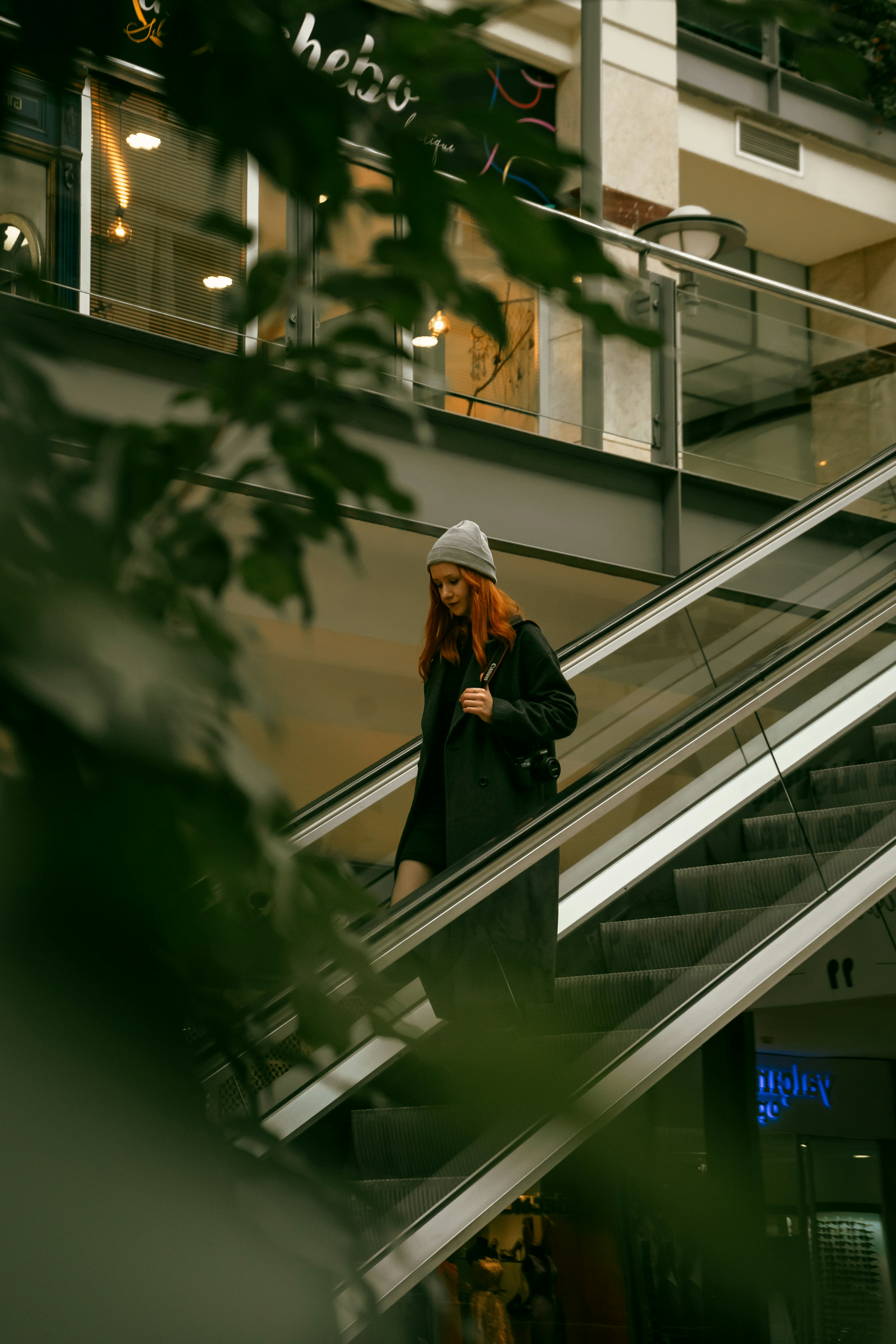 Woman on an escalator in an urban mall, framed by foreground leaves