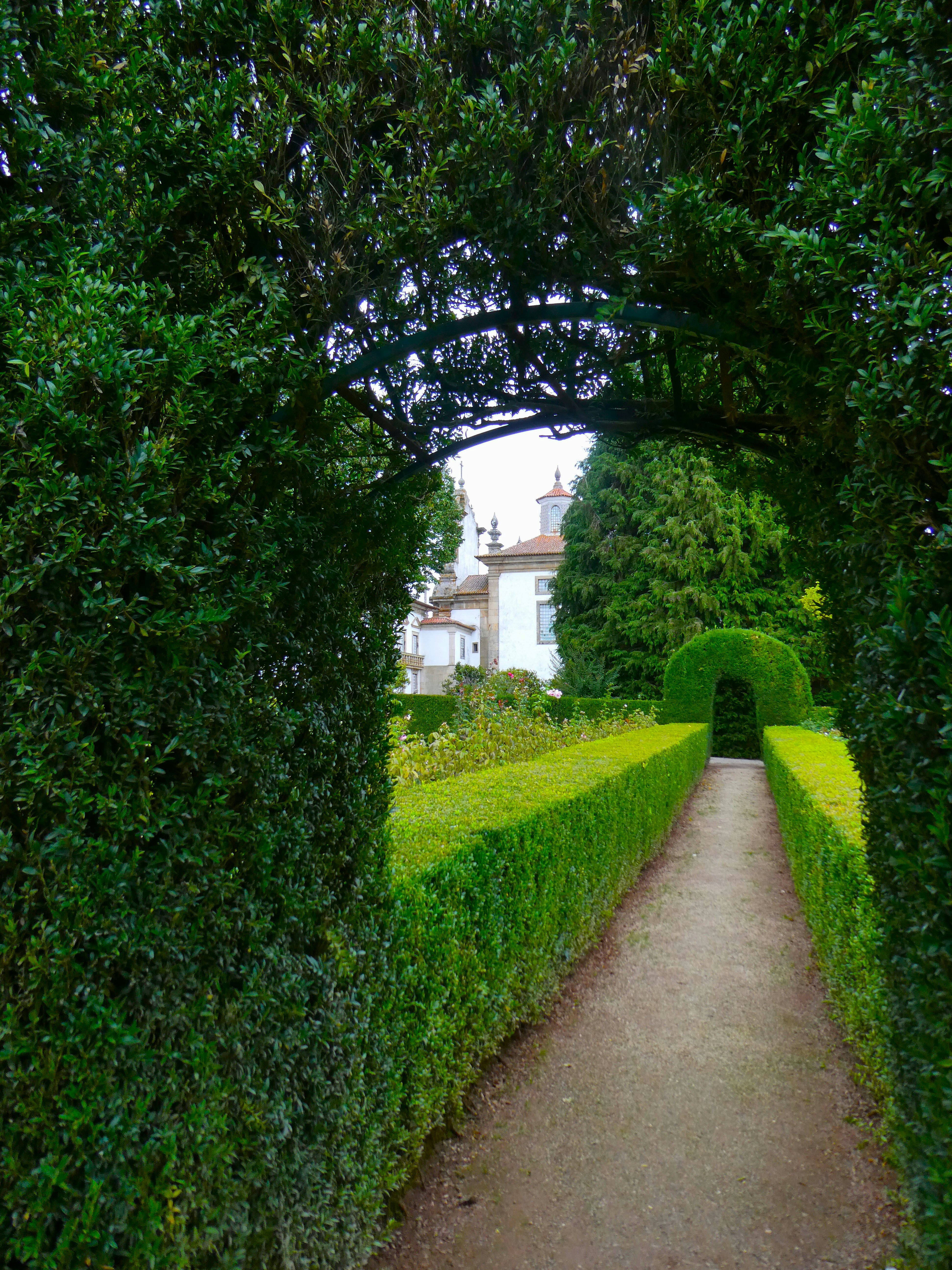 Lush hedges frame a winding pathway leading to a neatly trimmed archway in a garden. The backdrop features a charming structure peeking through the foliage.