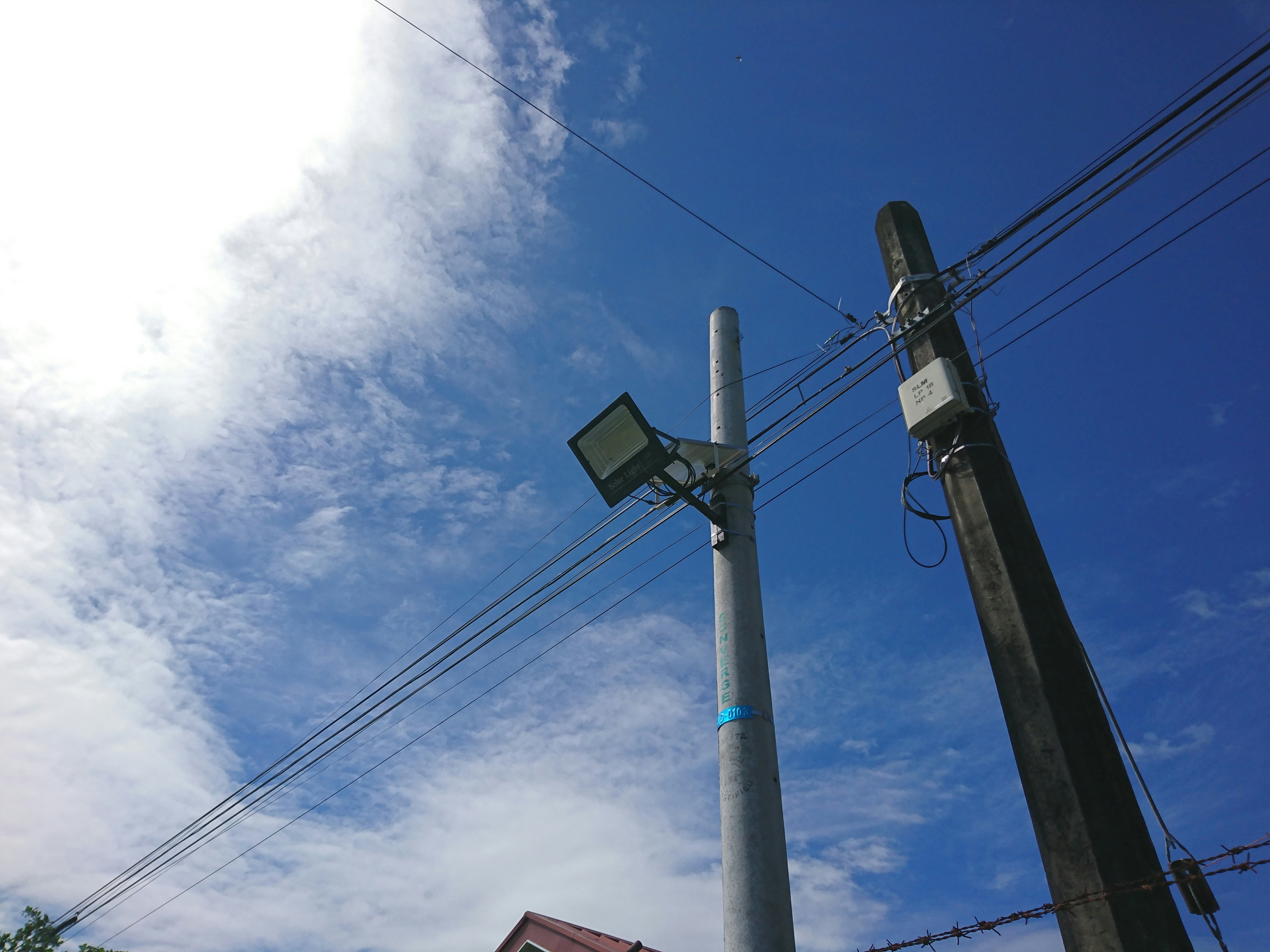 Two utility poles with a tangle of wires rise against a vivid blue sky, forming a stark urban geometric scene.