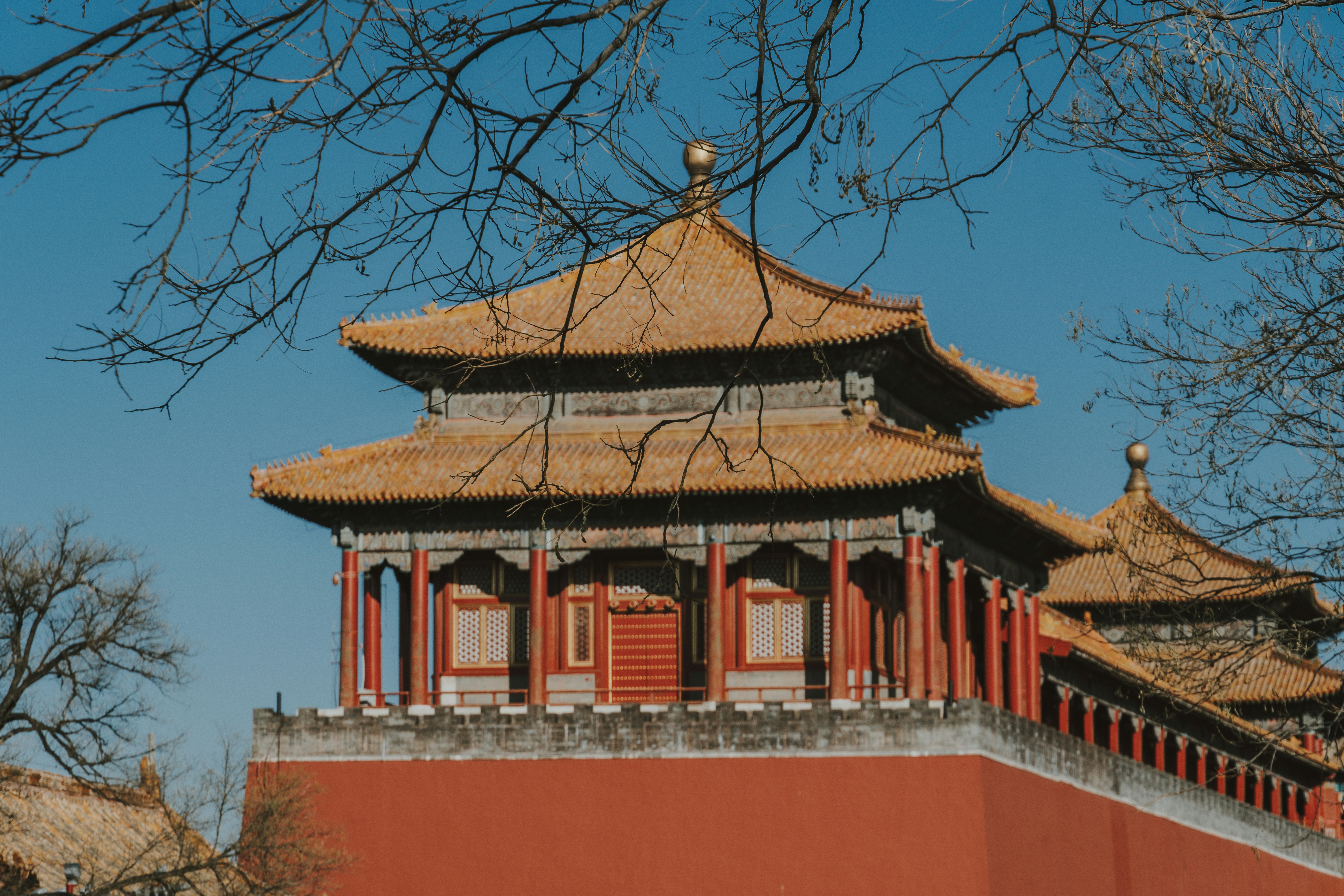 The Crowned Pavilion: Golden Roofs Rising from a Red-Walled Temple