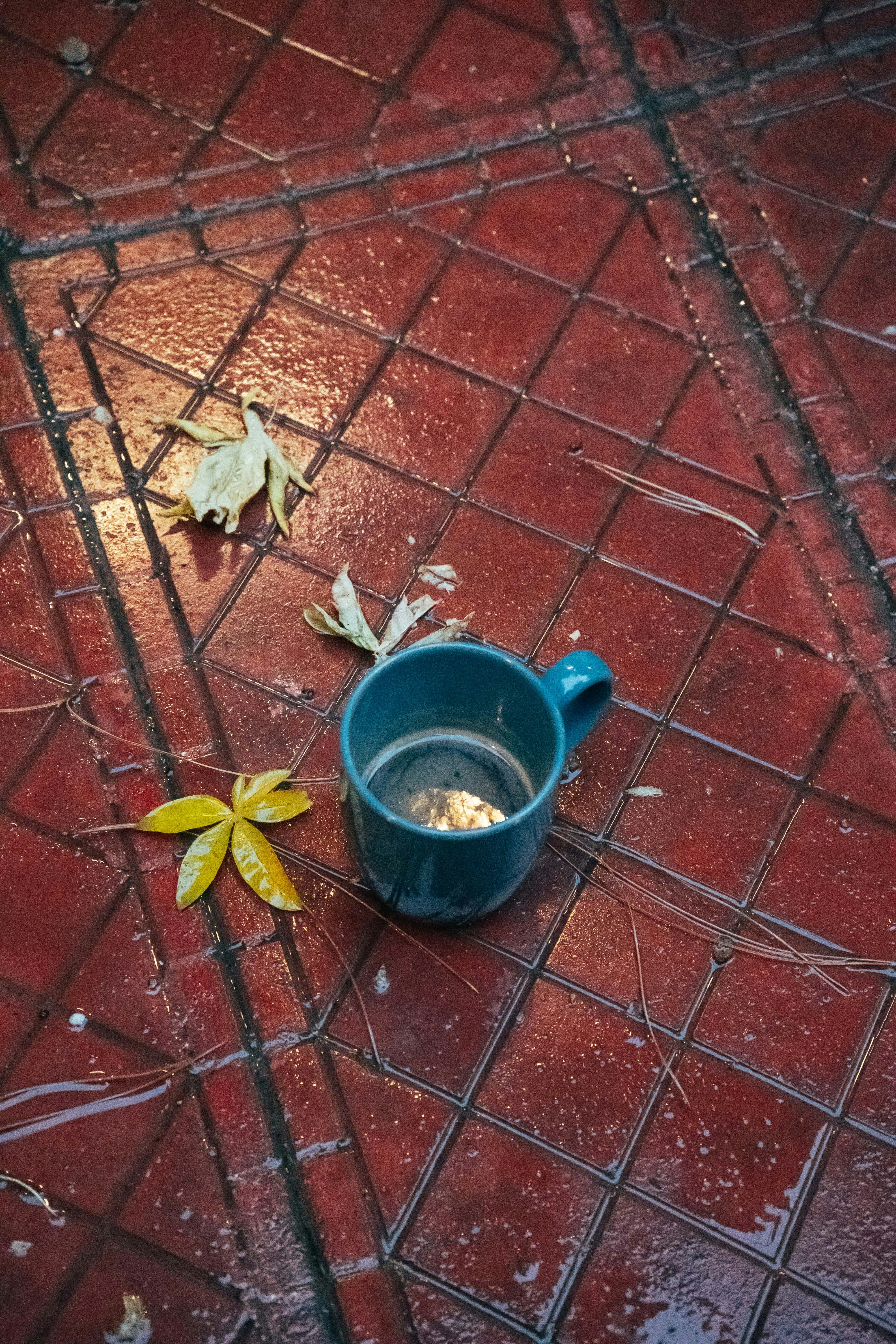 Cobalt mug on rain-wet red tiles with drifting autumn leaves.