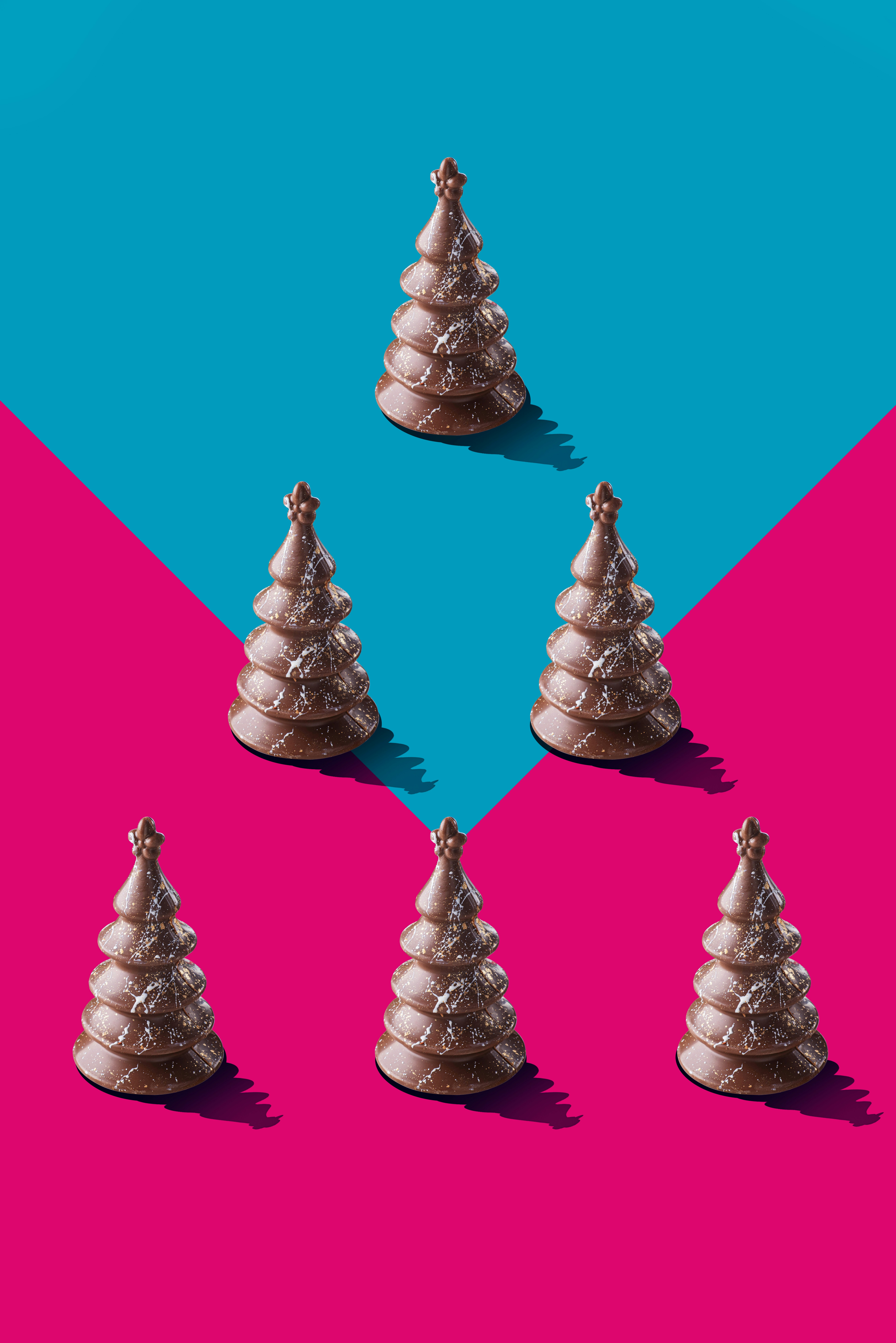 Five Cocoa Cones Arranged on a Neon Cyan-Magenta Stage