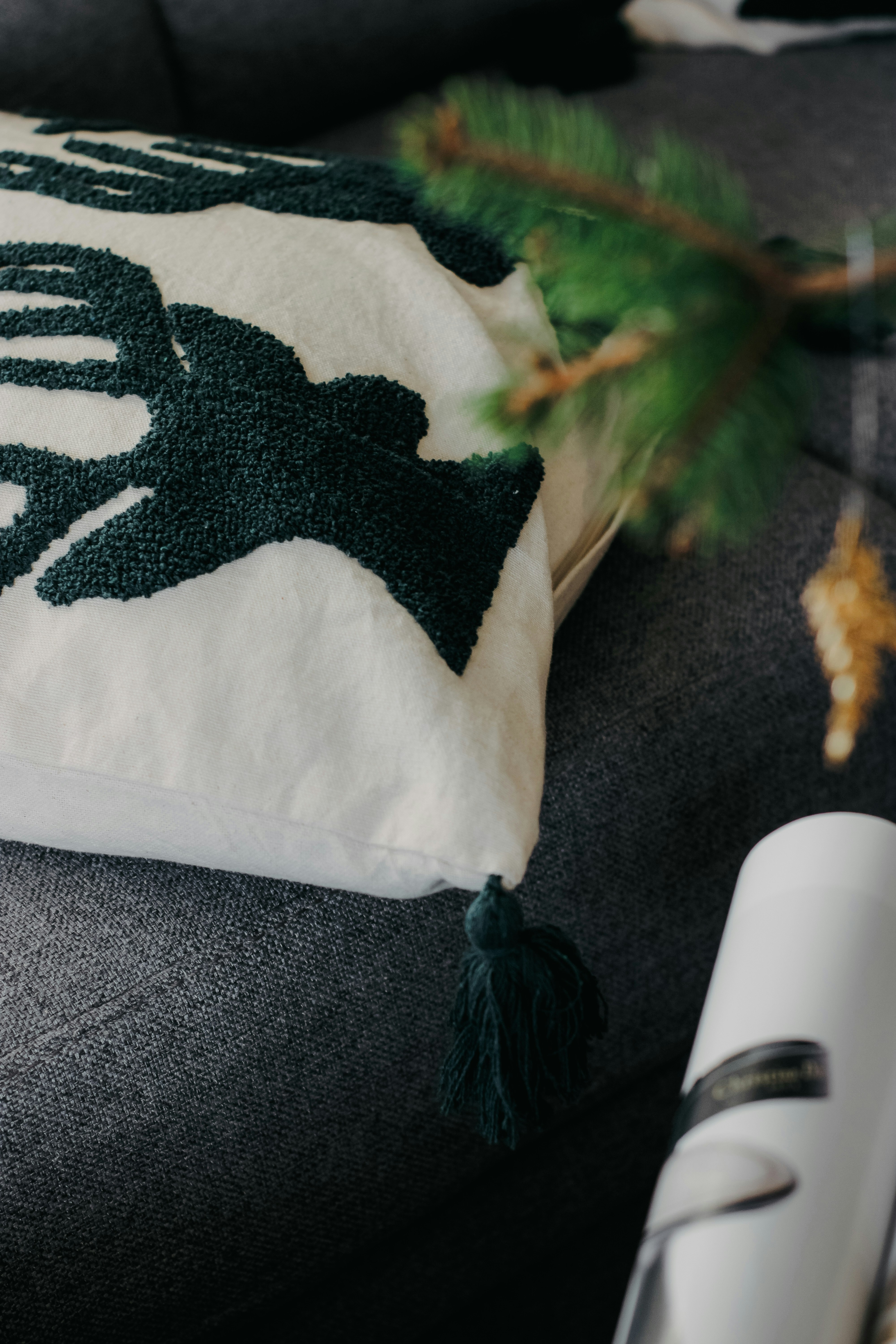 Close-Up of a Textured Pillow and Nearby Object on a Cozy Couch