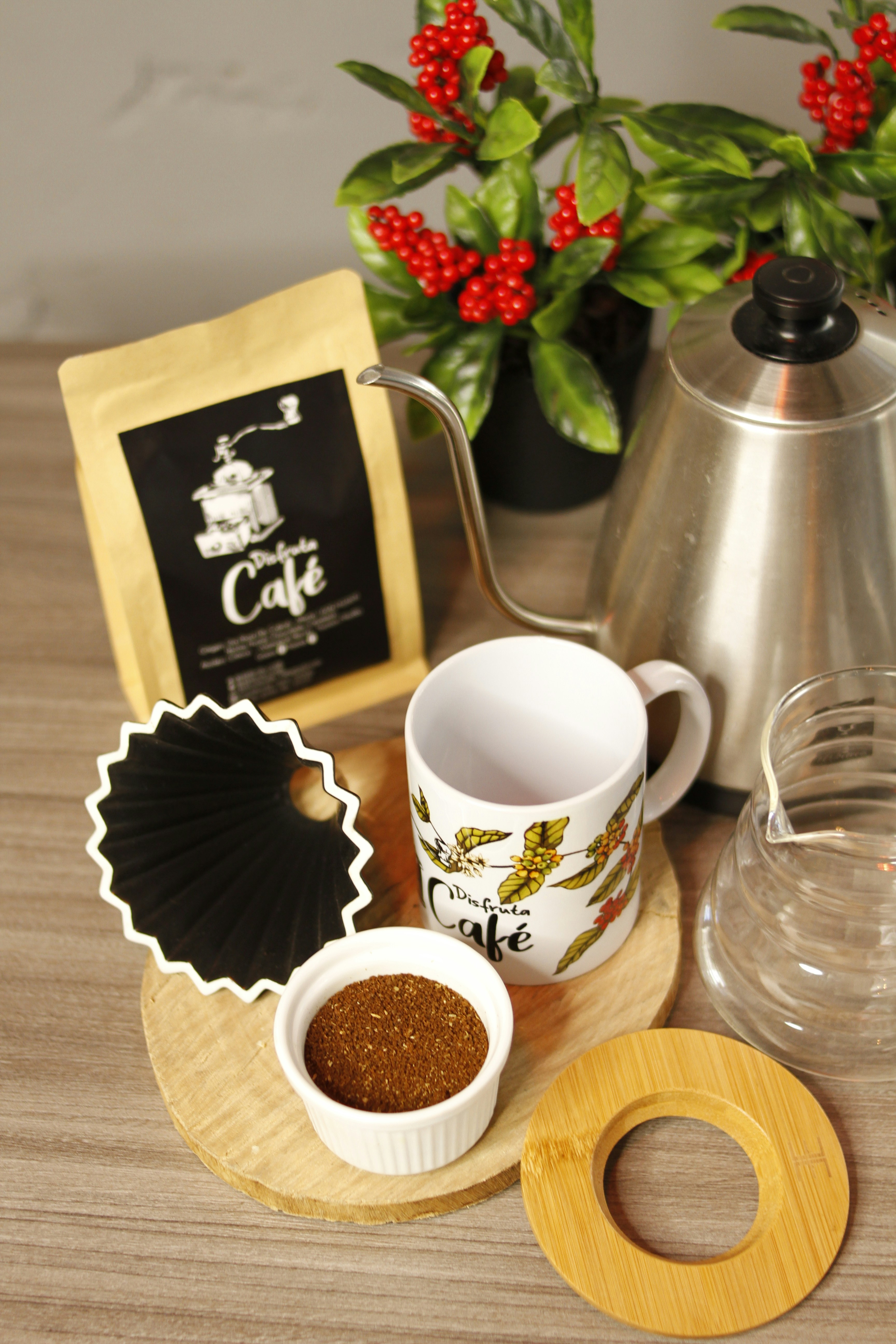 Cafe Setup: Pouring Ritual with Coffee Gear and Floral Accent