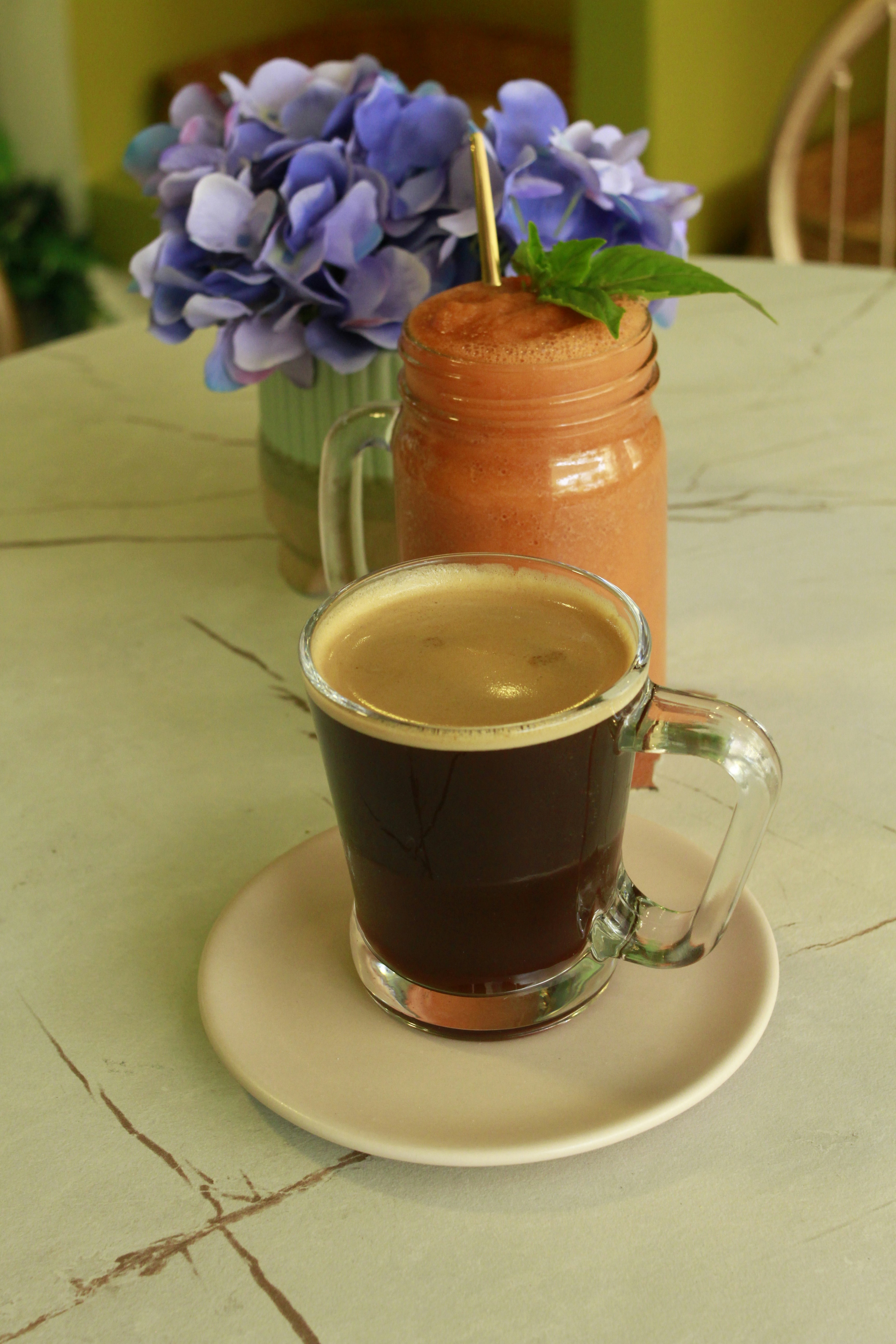Crema Crown on a Quiet Table, Espresso Amid Purple Hydrangeas