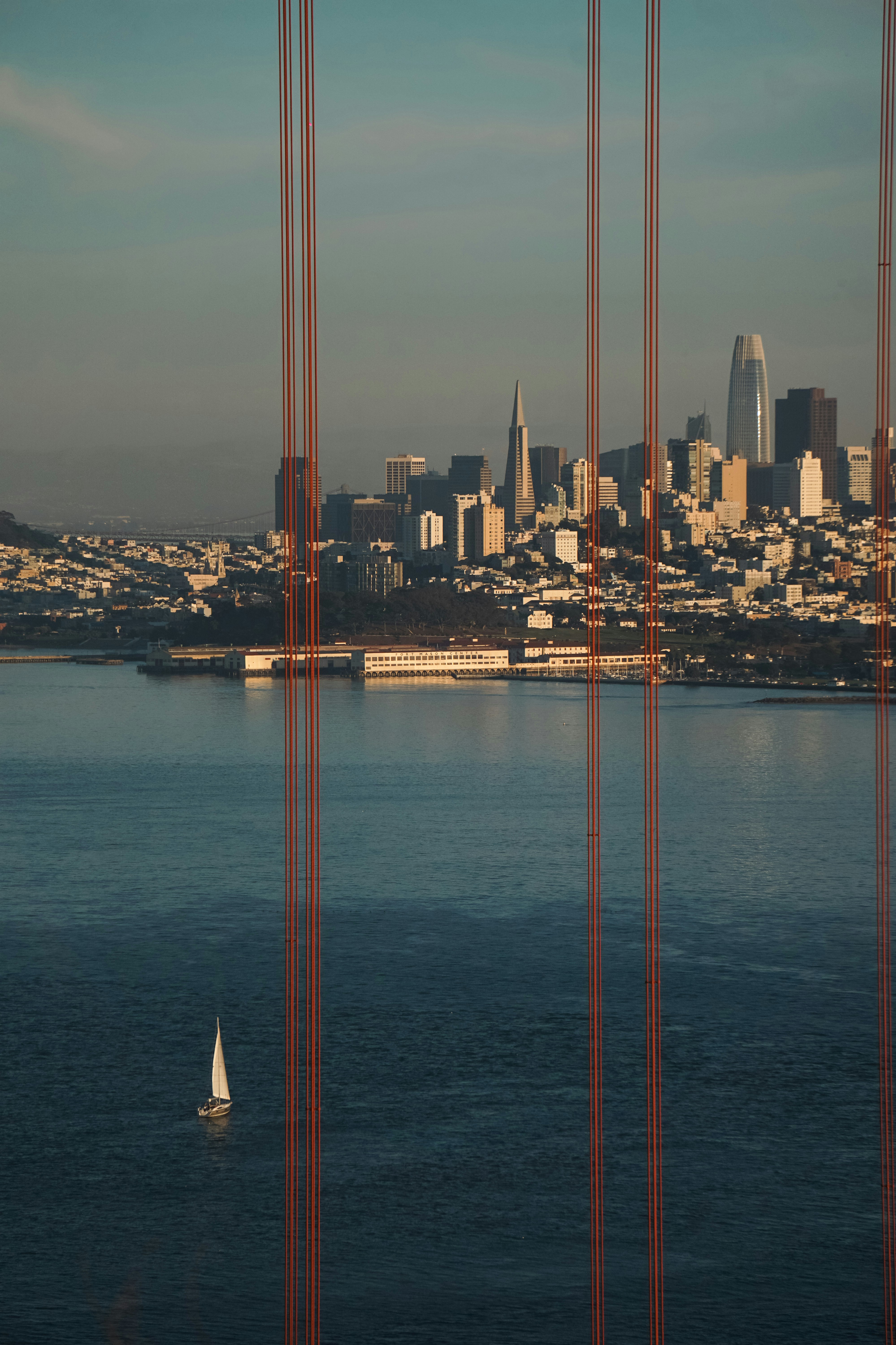 Crimson Cables Frame a Bayfront Cityscape at Dusk