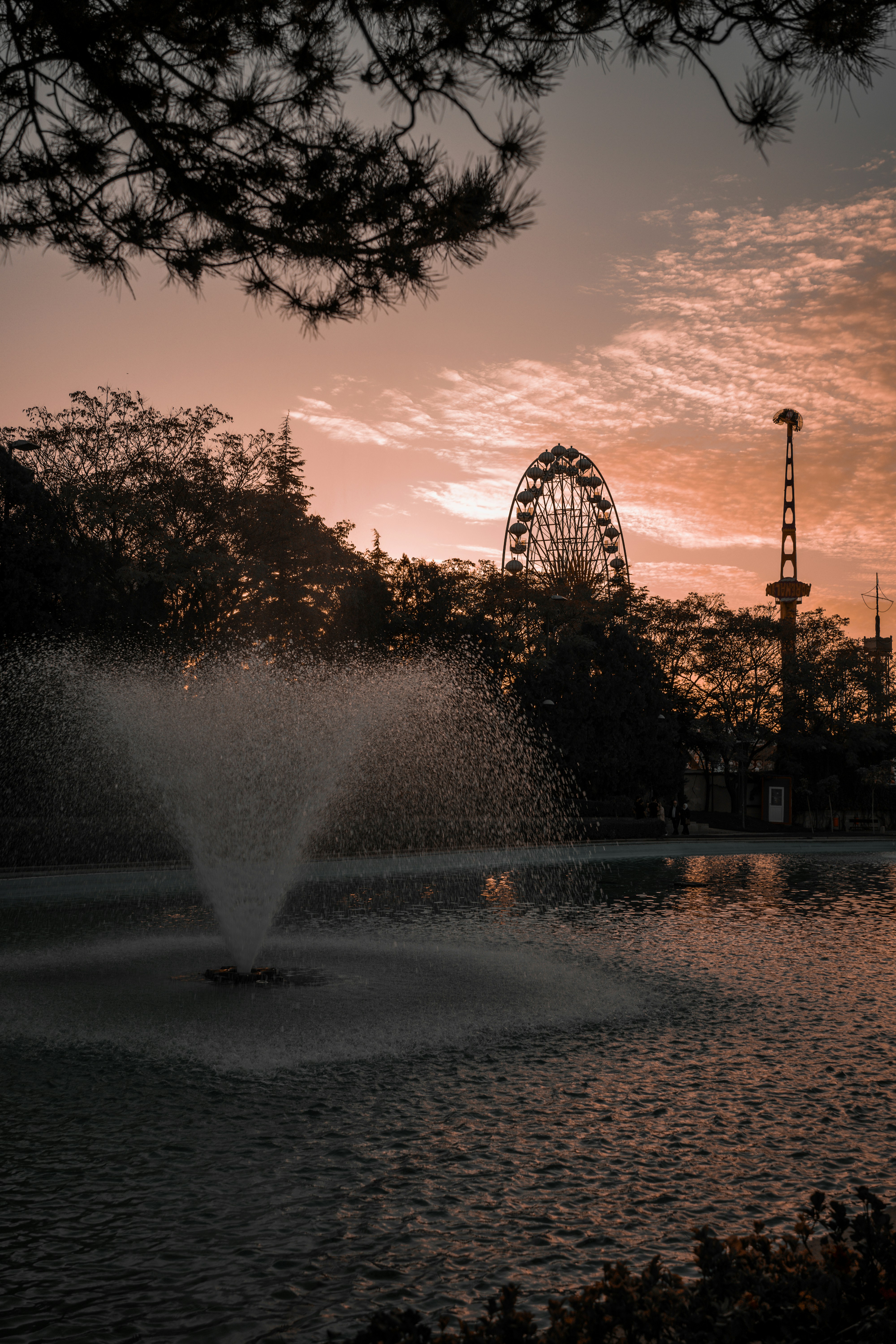 Dusk Silhouettes: Ferris Wheel Rising Behind a Park Fountain