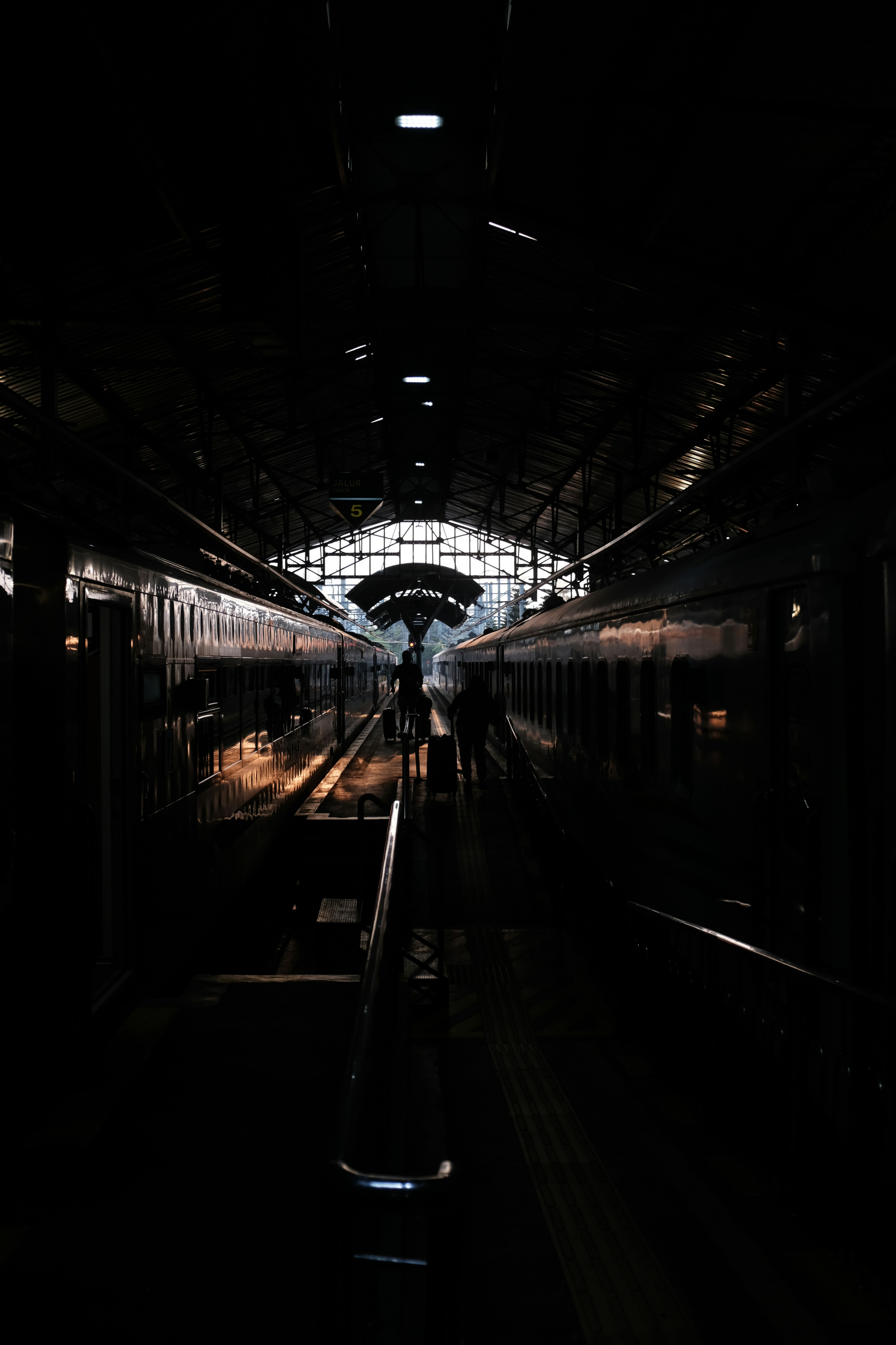 Umbrella Beneath the Glass Arch: A Dim Platform Framed by Trains