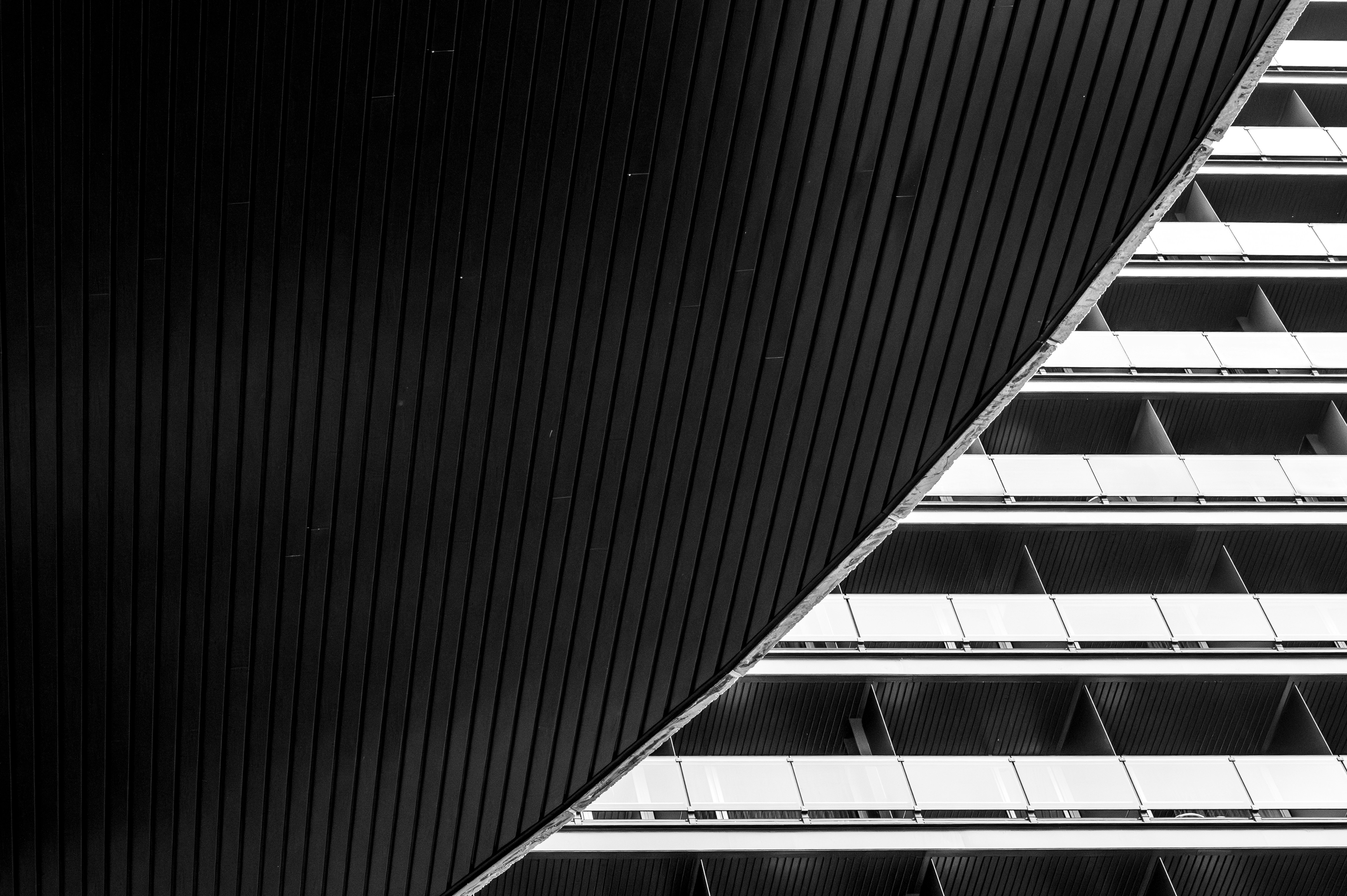 Black and white abstract view of a modernist building facade with strong geometric lines and light play.