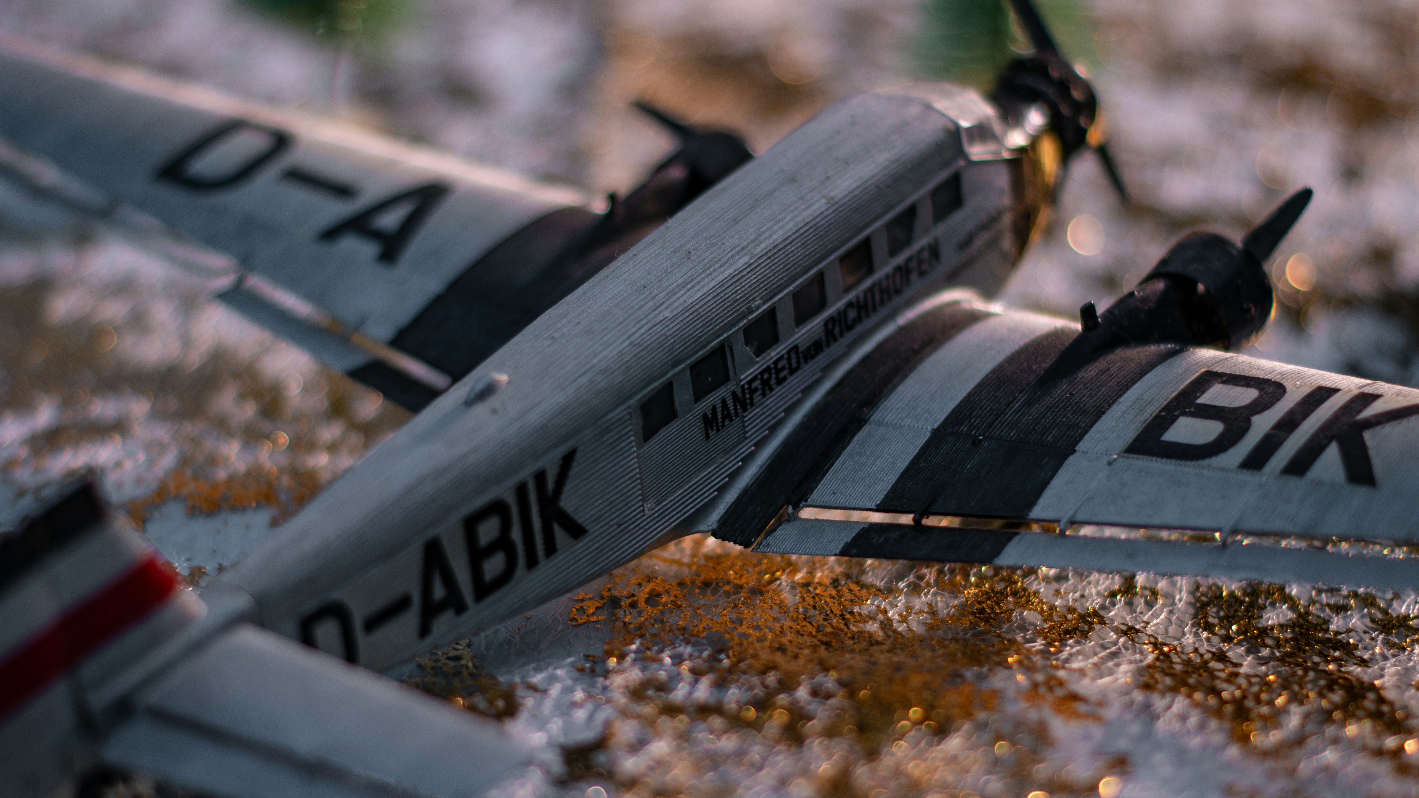 Frostbound Wings at Golden Hour: Close-Up of Two Scale-Model Aircraft