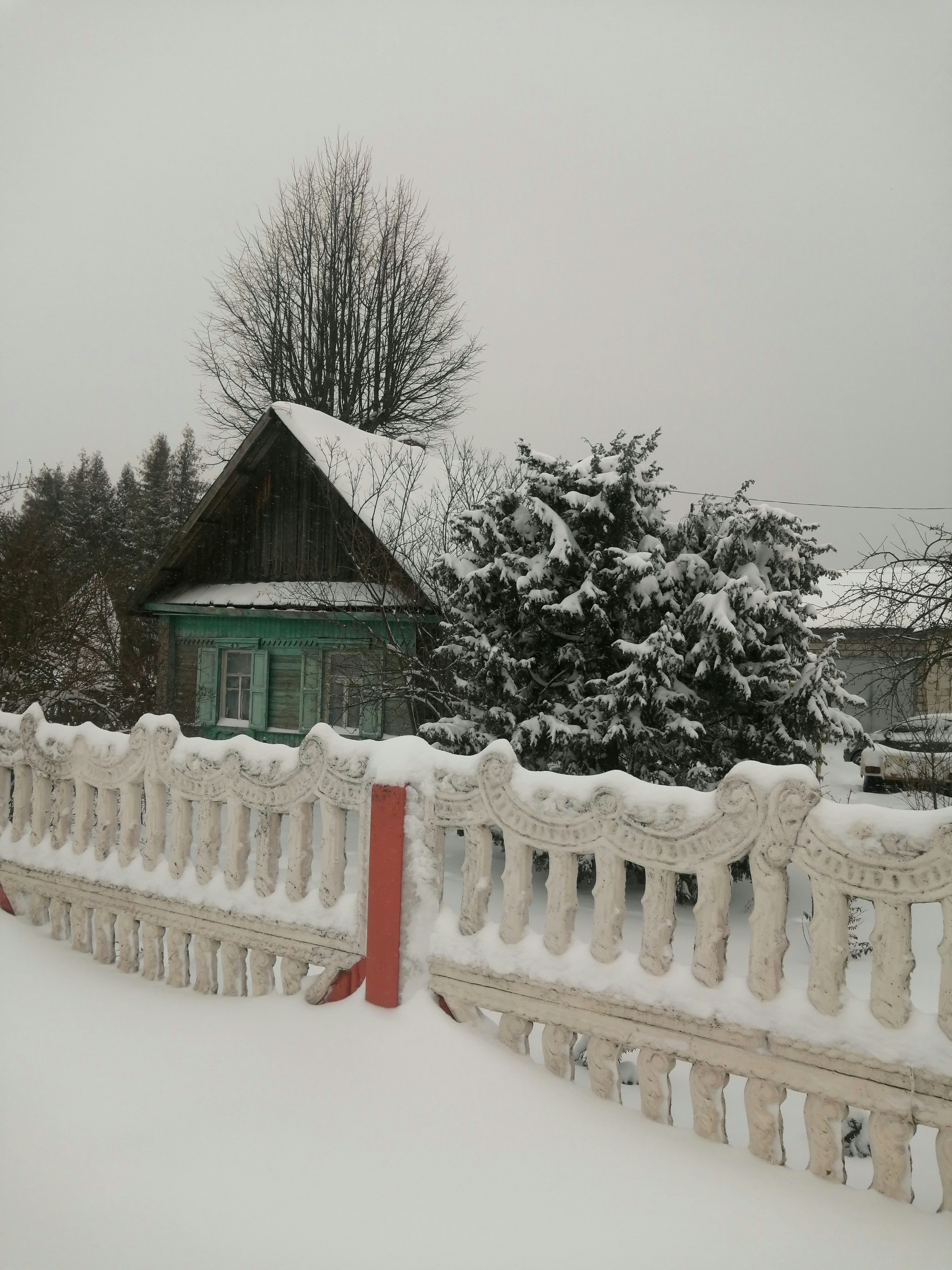 Green Cottage in a Snow-Blanketed Scene, Framed by an Ornate Fence
