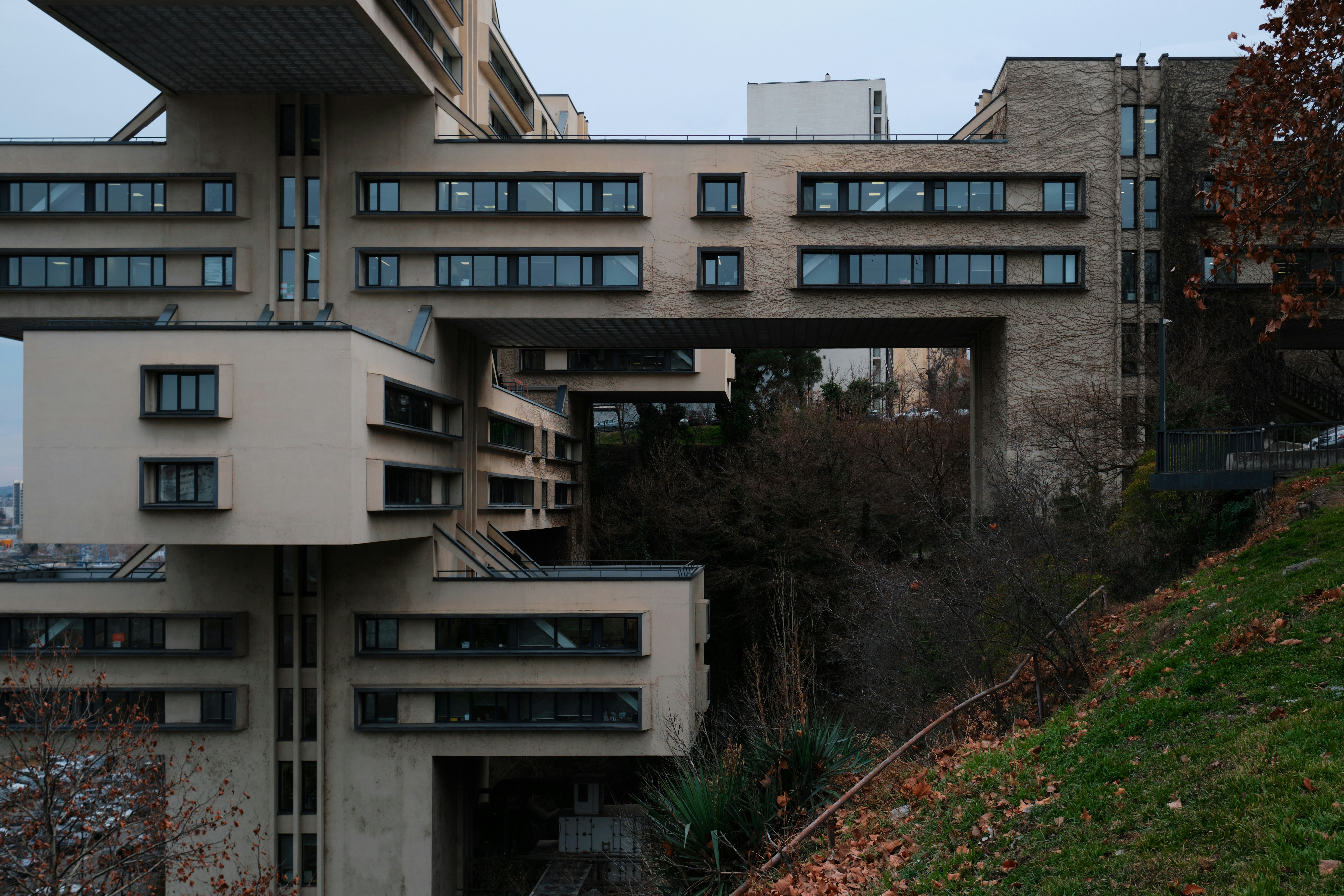Bridged Brutalism: Concrete Ribbons Linking a Stark Campus Complex