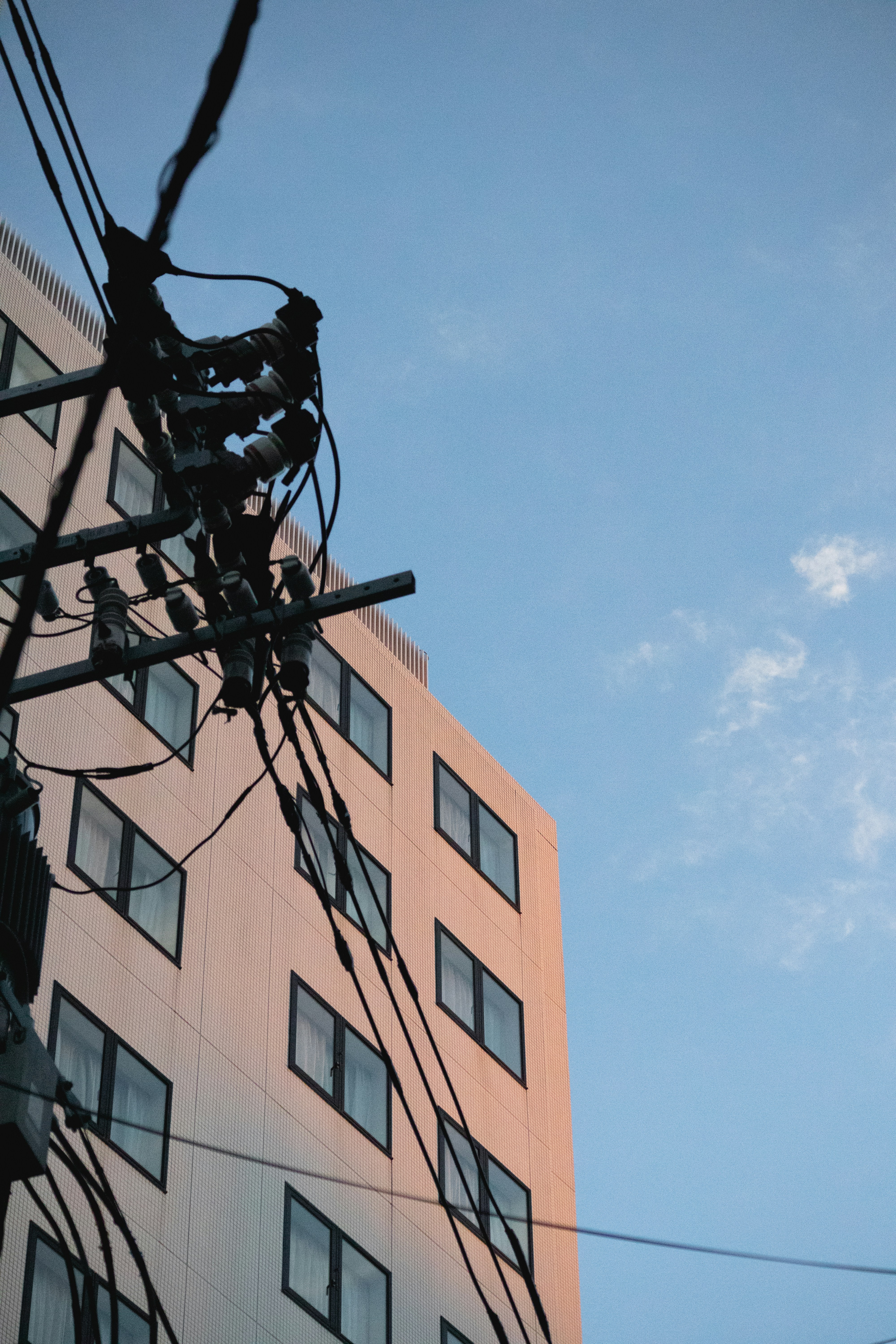 Crisscrossed Cables Framing a Coral Office Tower Against a Sky-Blue Day