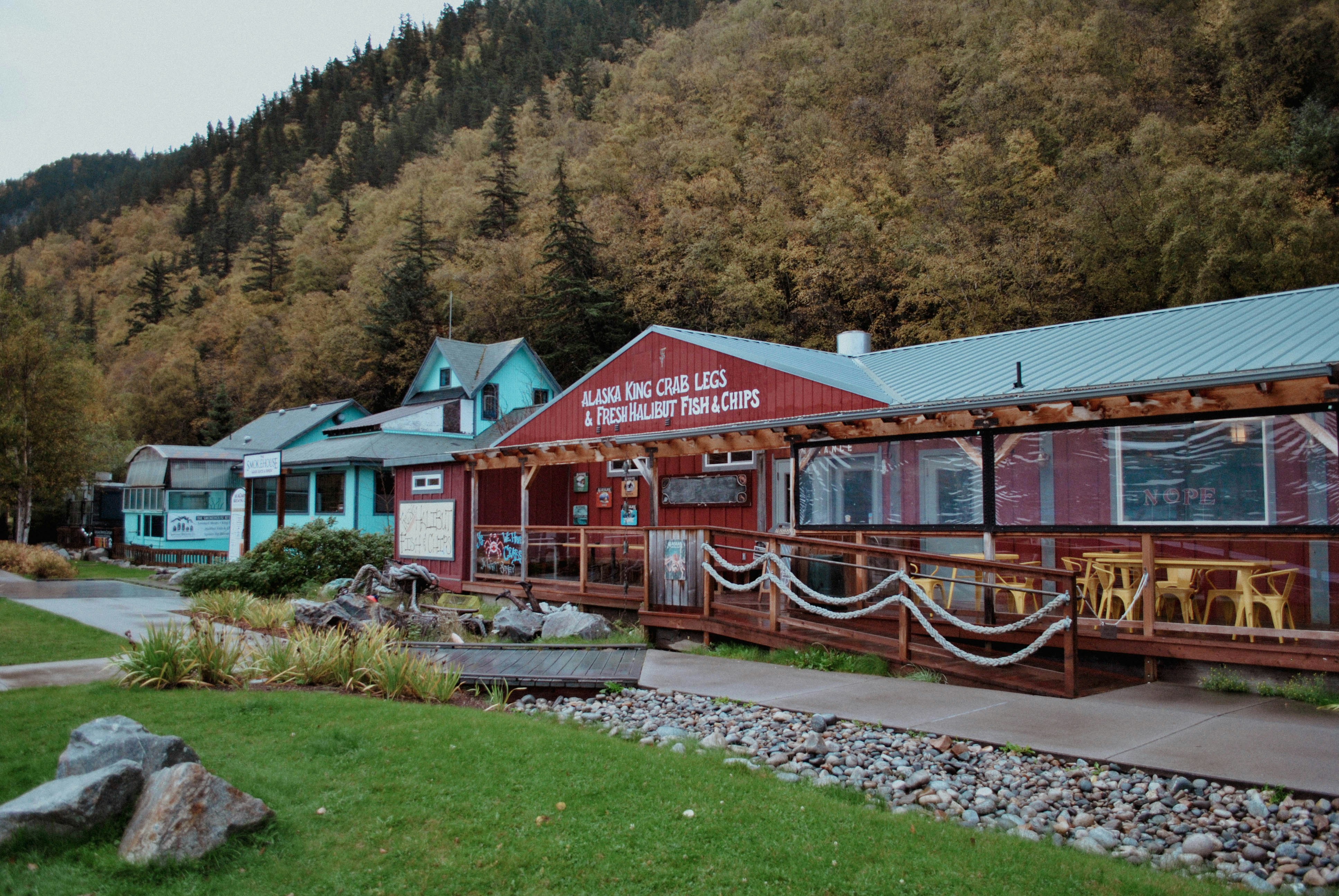 Alpine Riverside Café: Red-Deck Scene by the Pines