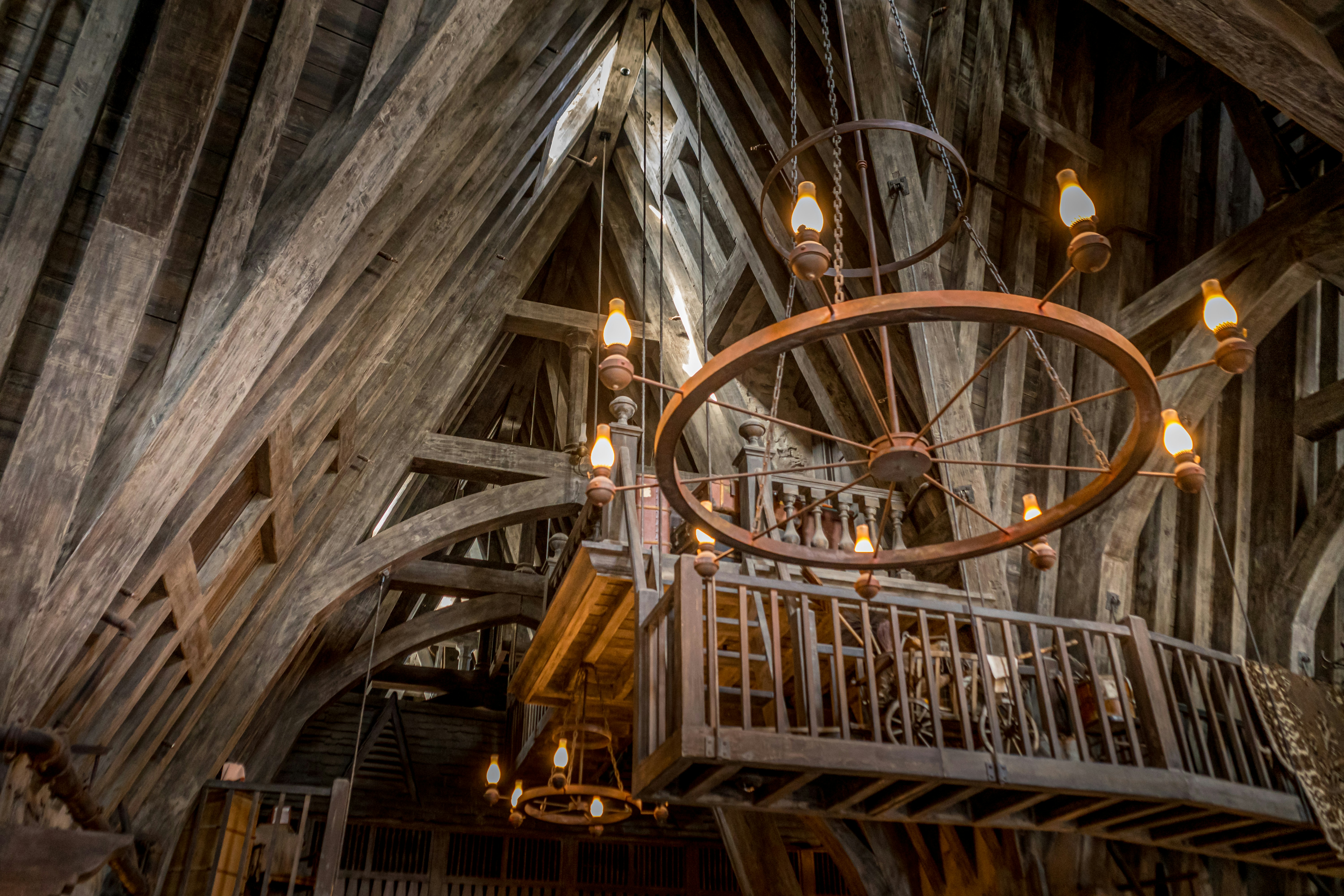Chandelier Circles Above in a Timber Lodge
