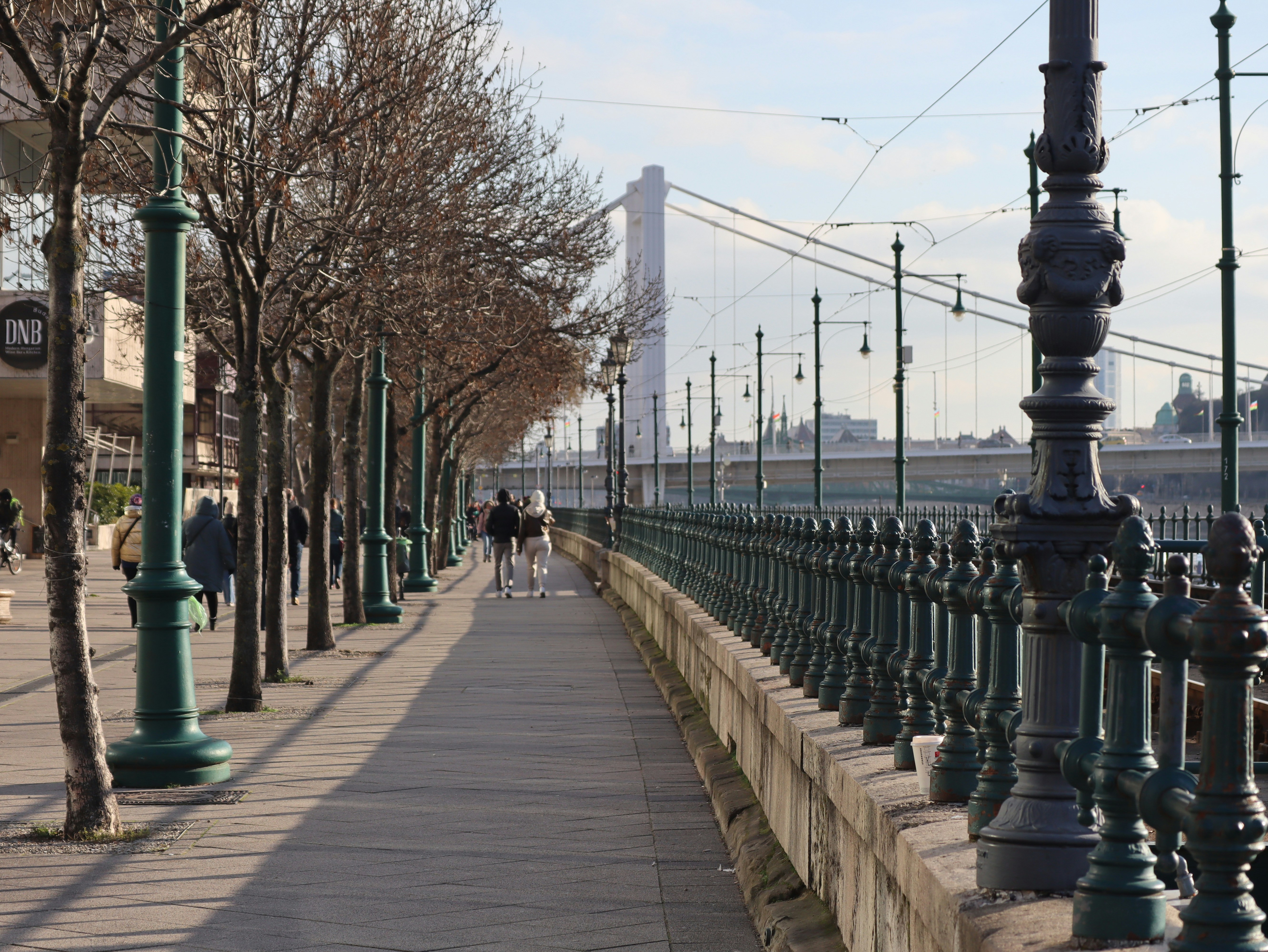 A row of green street lights next to a sidewalk photo – Free Hungary ...