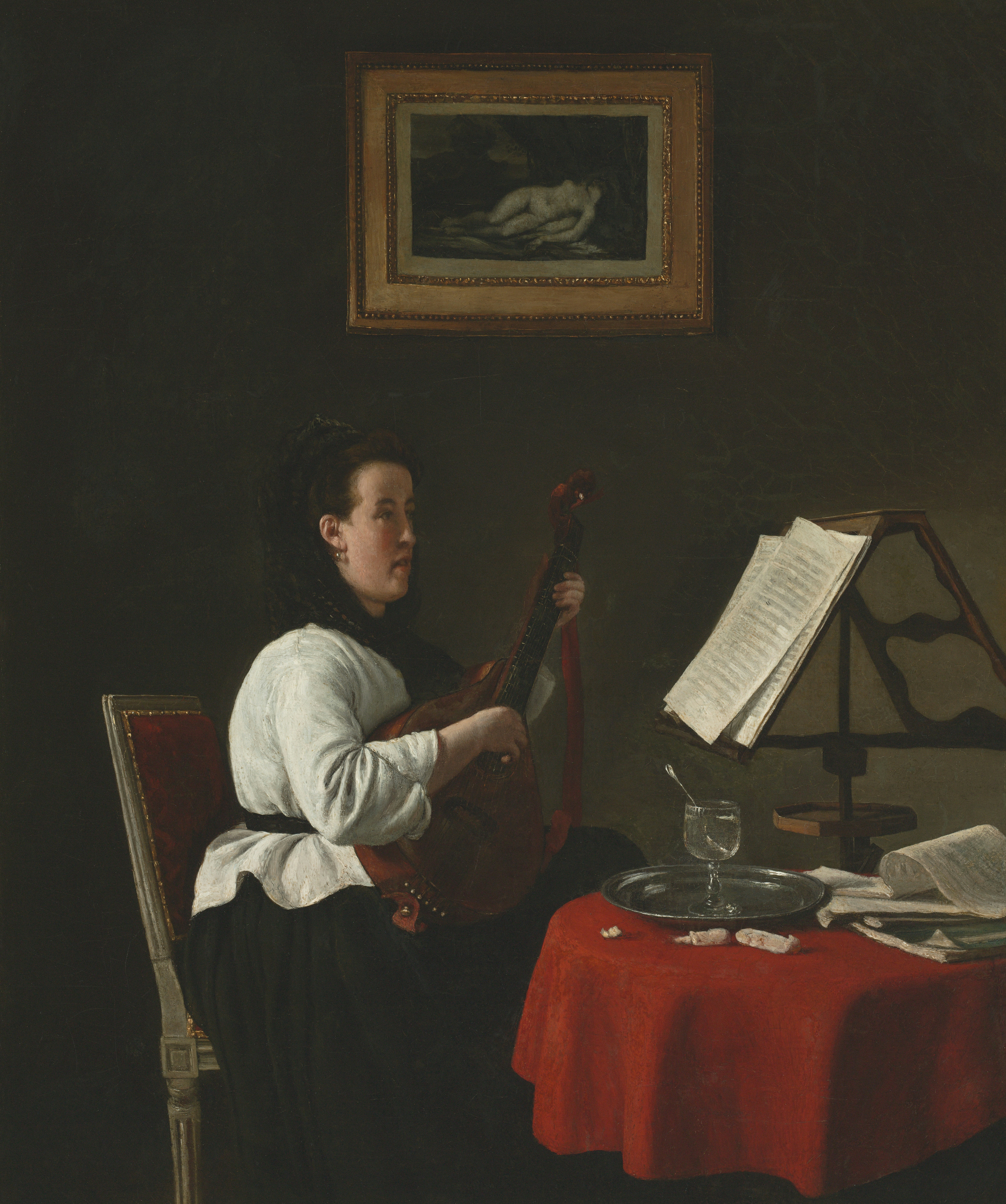 Oil painting of a woman with a lute seated at a table draped in red, with sheet music on a stand and a wine glass nearby.