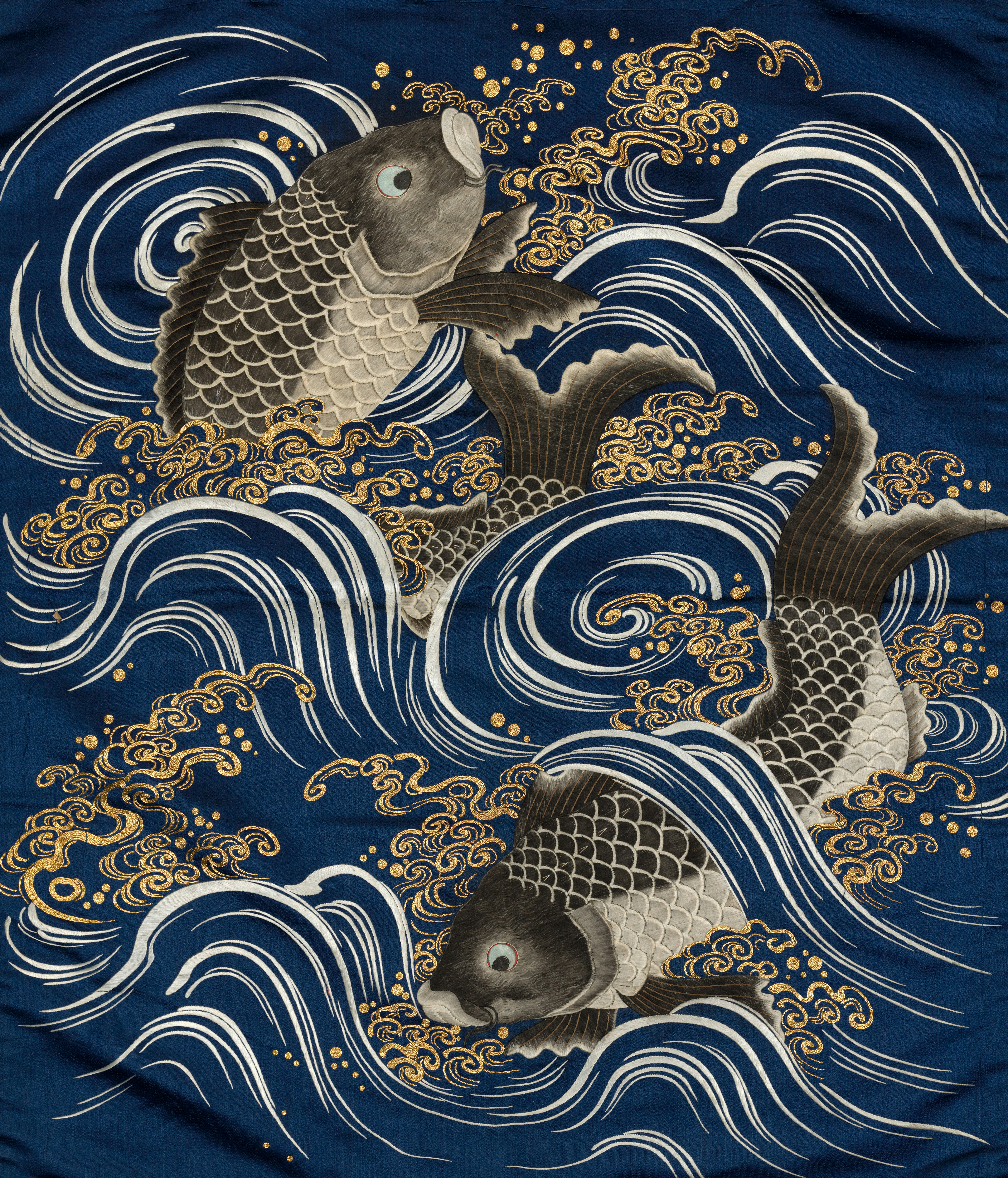 Gift Cover (Fukusa) with Carp in Waves 波鯉図刺繍袱紗 1868–1912 Japan, Meiji period (1868-1912) Silk: embroidered; metallic thread Overall: 87.3 x 71.8 cm (34 3/8 x 28 1/4 in.) Gift of Mr. and Mrs. J. H. Wade 1916.1324 https://www.clevelandart.org/art/1916.1324