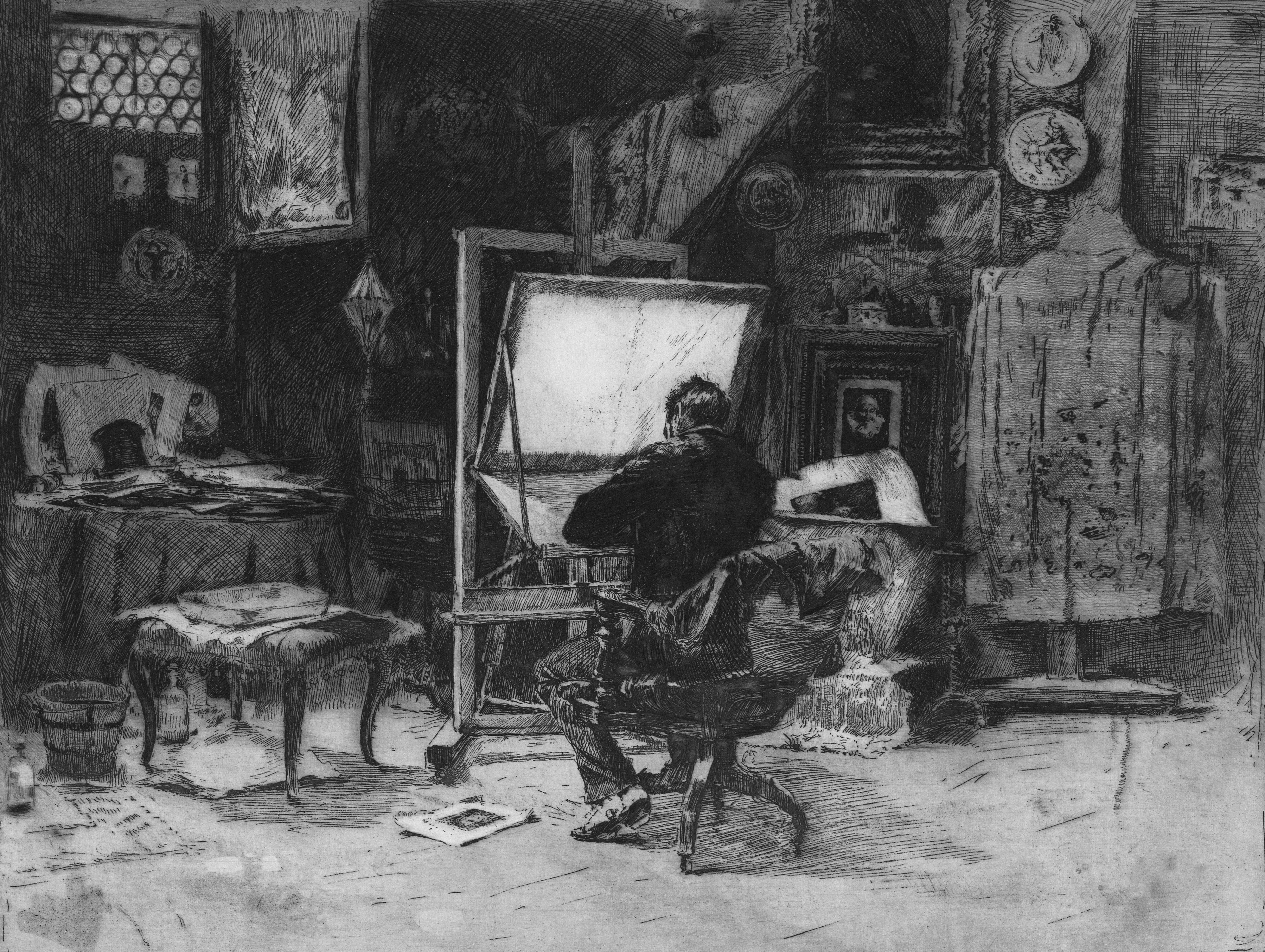 An artist immersed in their work, seated before a blank canvas in a cluttered studio filled with art supplies and unfinished pieces.