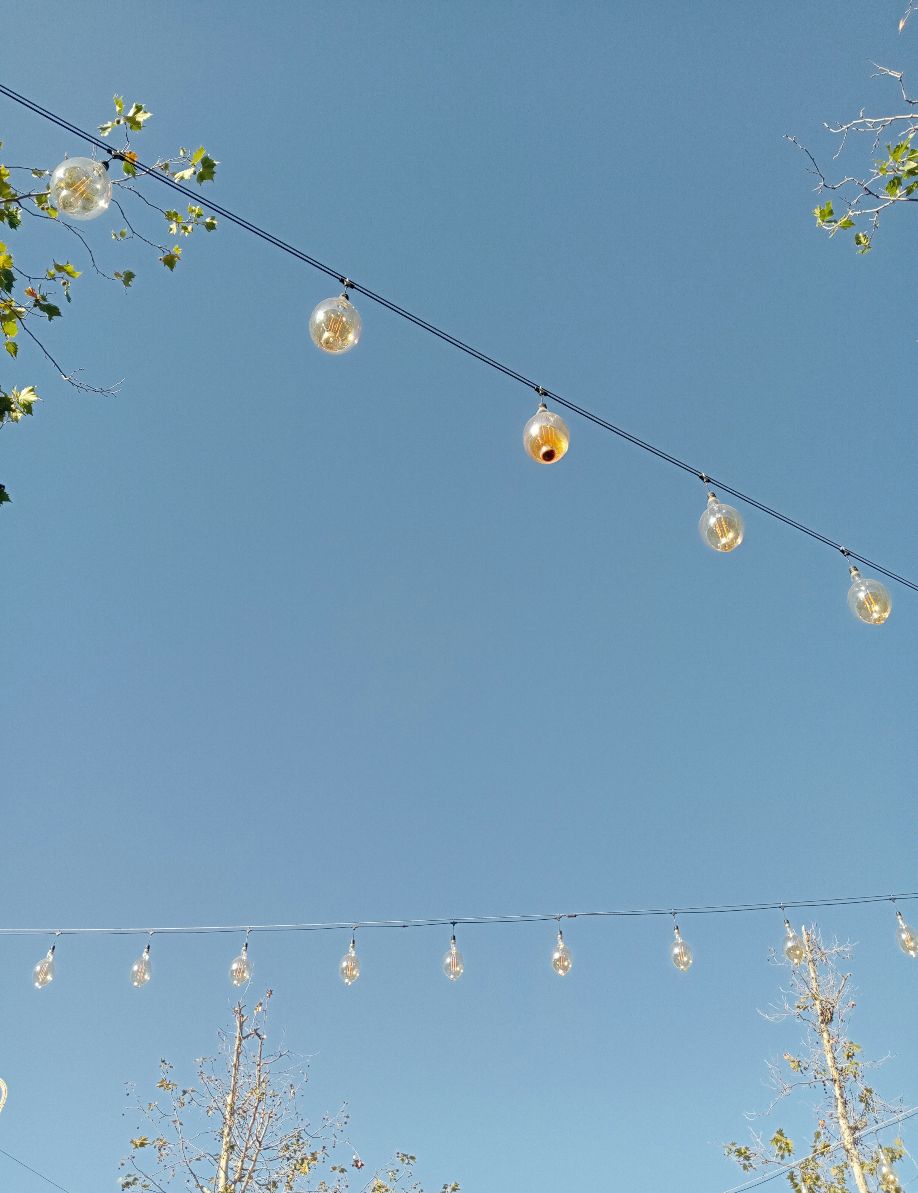 Diagonal Ribbon of Globe Lanterns Over a Clear Blue Sky