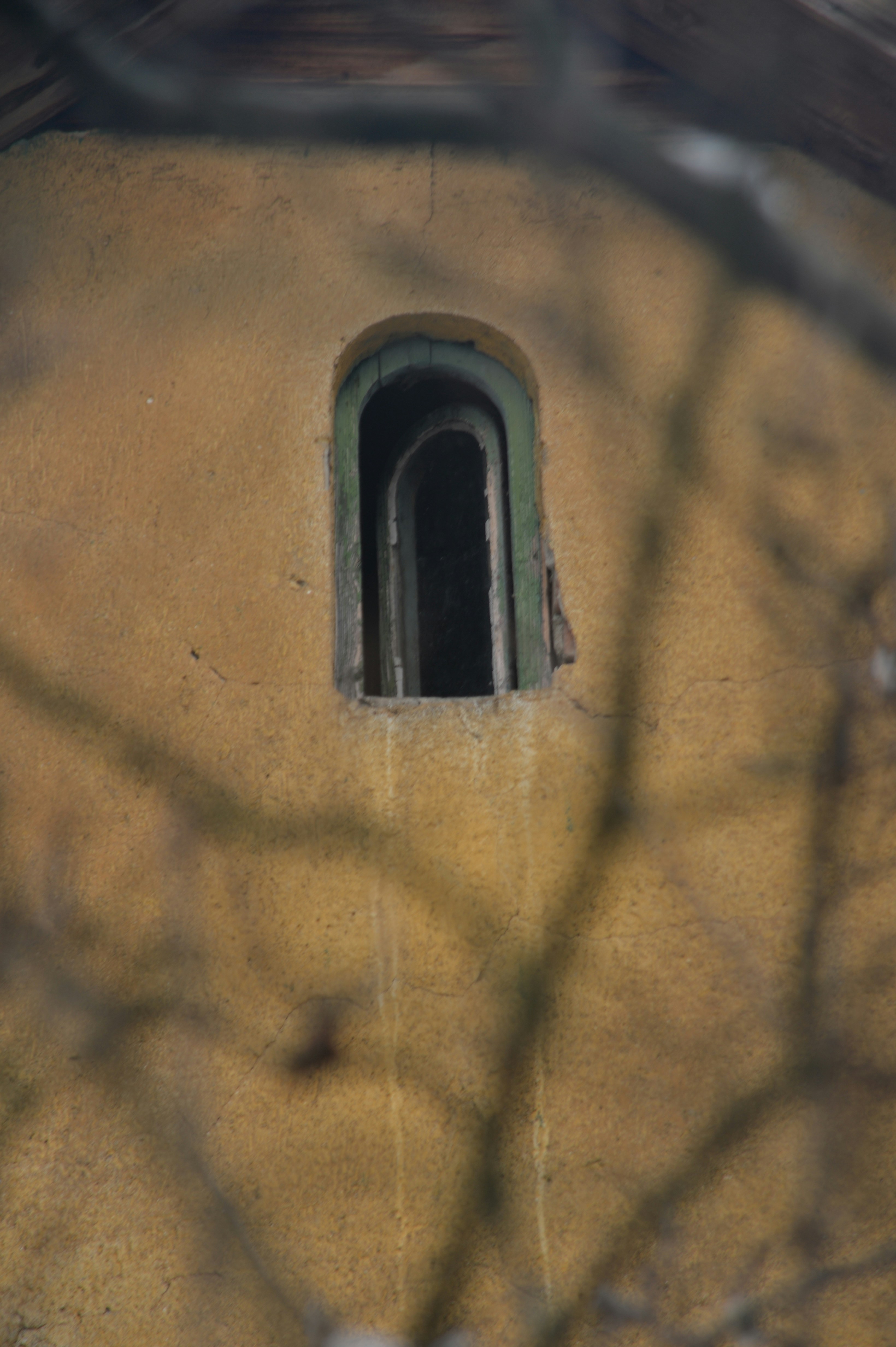 Arched Green-Trim Window on a Weathered Yellow Facade, Framed by Quiet Branches