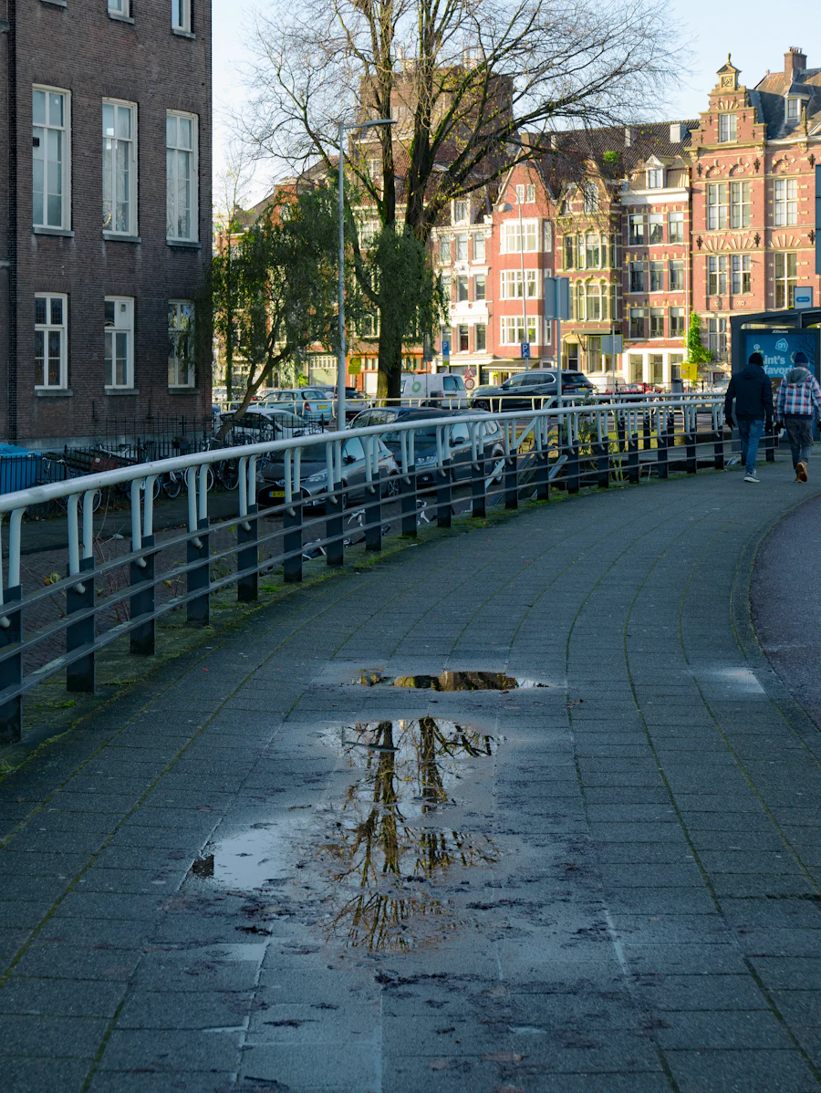 A curved riverside path beside parked cars and historic brick buildings, with a puddle reflecting a bare tree in the foreground. Two people walk near the right edge in soft daylight.