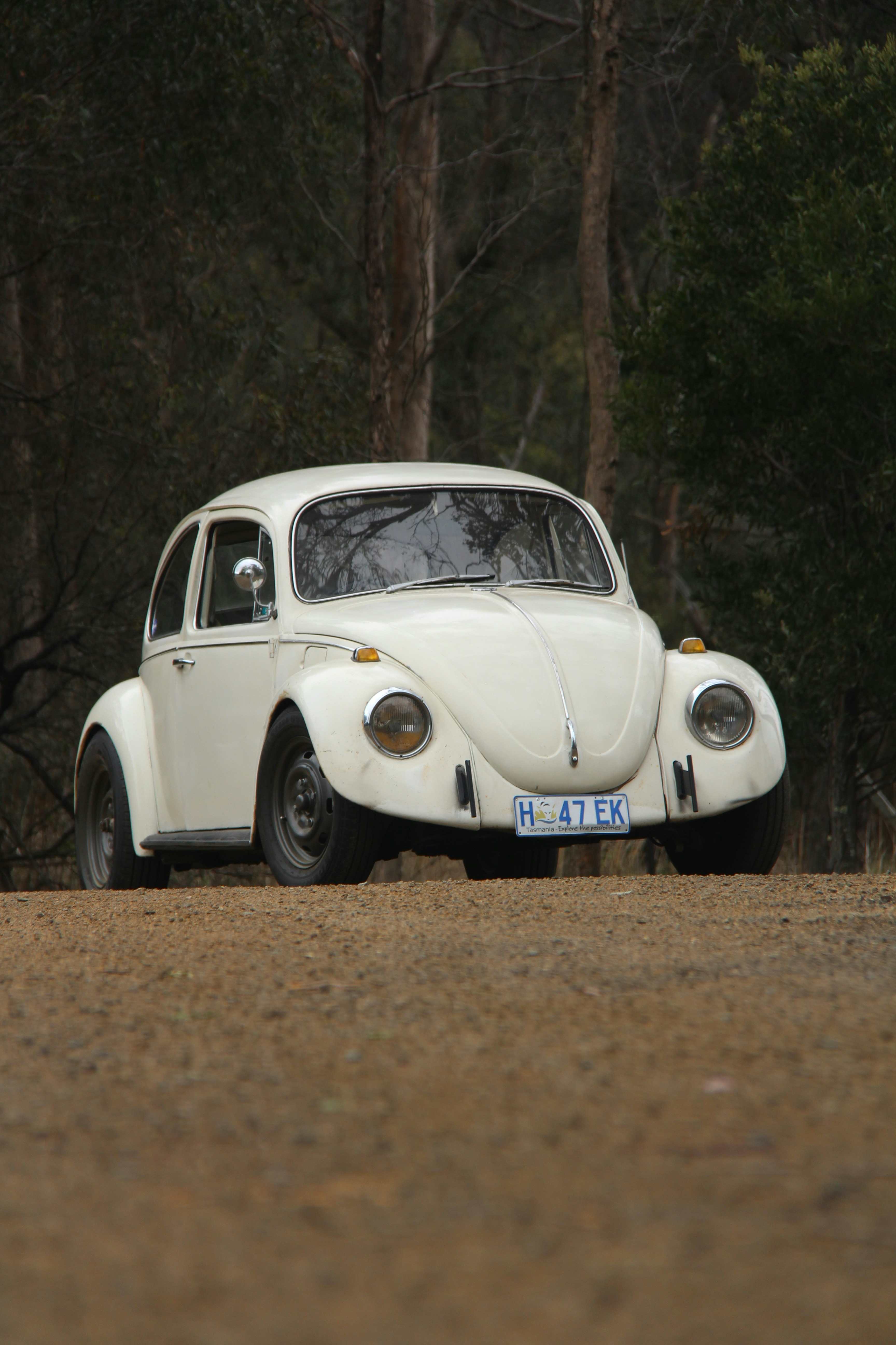 A white vw bug is parked on a dirt road photo – Free Grey Image on Unsplash