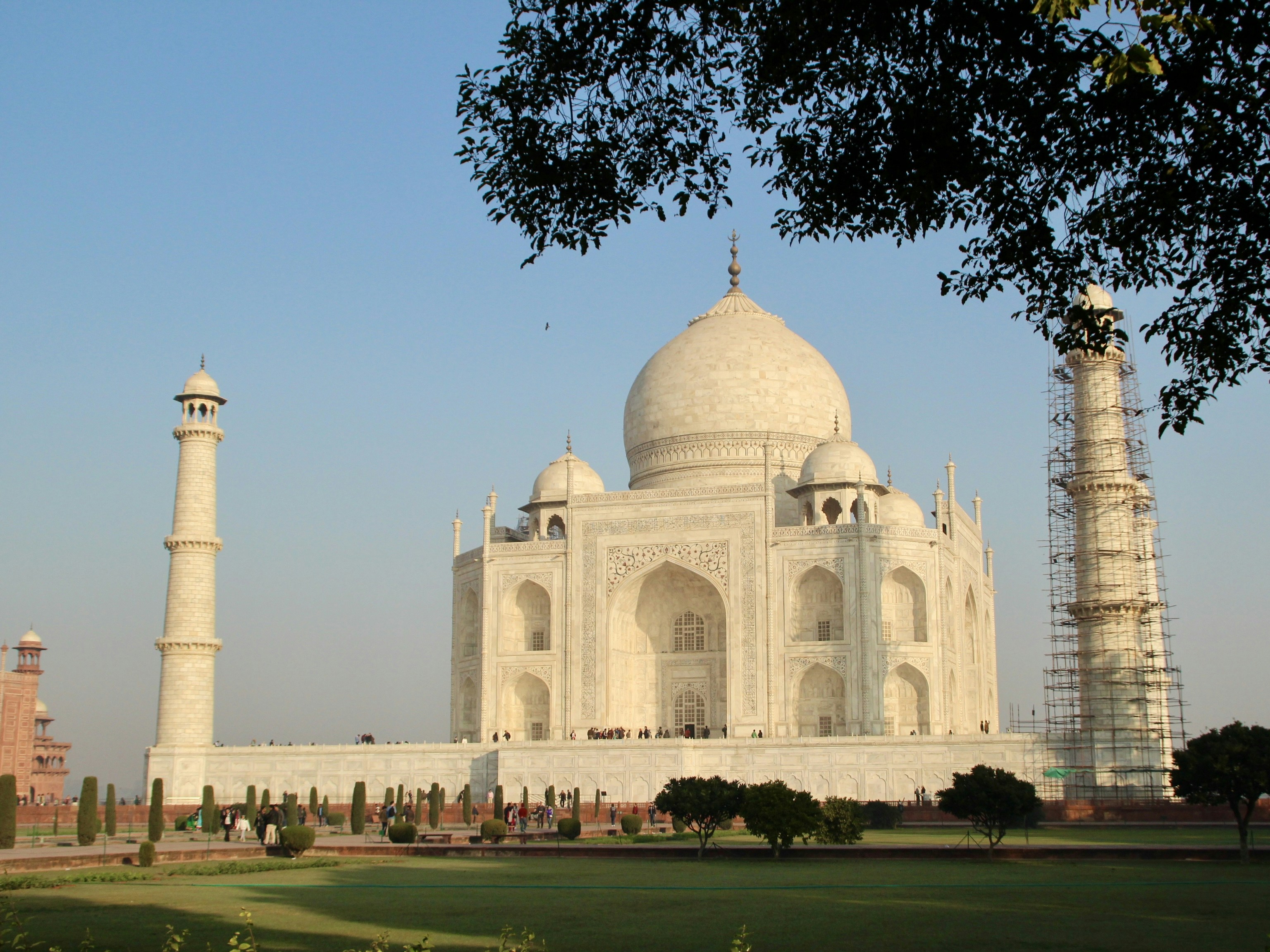 The Taj Mahal stands majestically against a clear sky, framed by lush greenery and intricate architectural details. The scene captures the monument's grandeur and serene beauty.