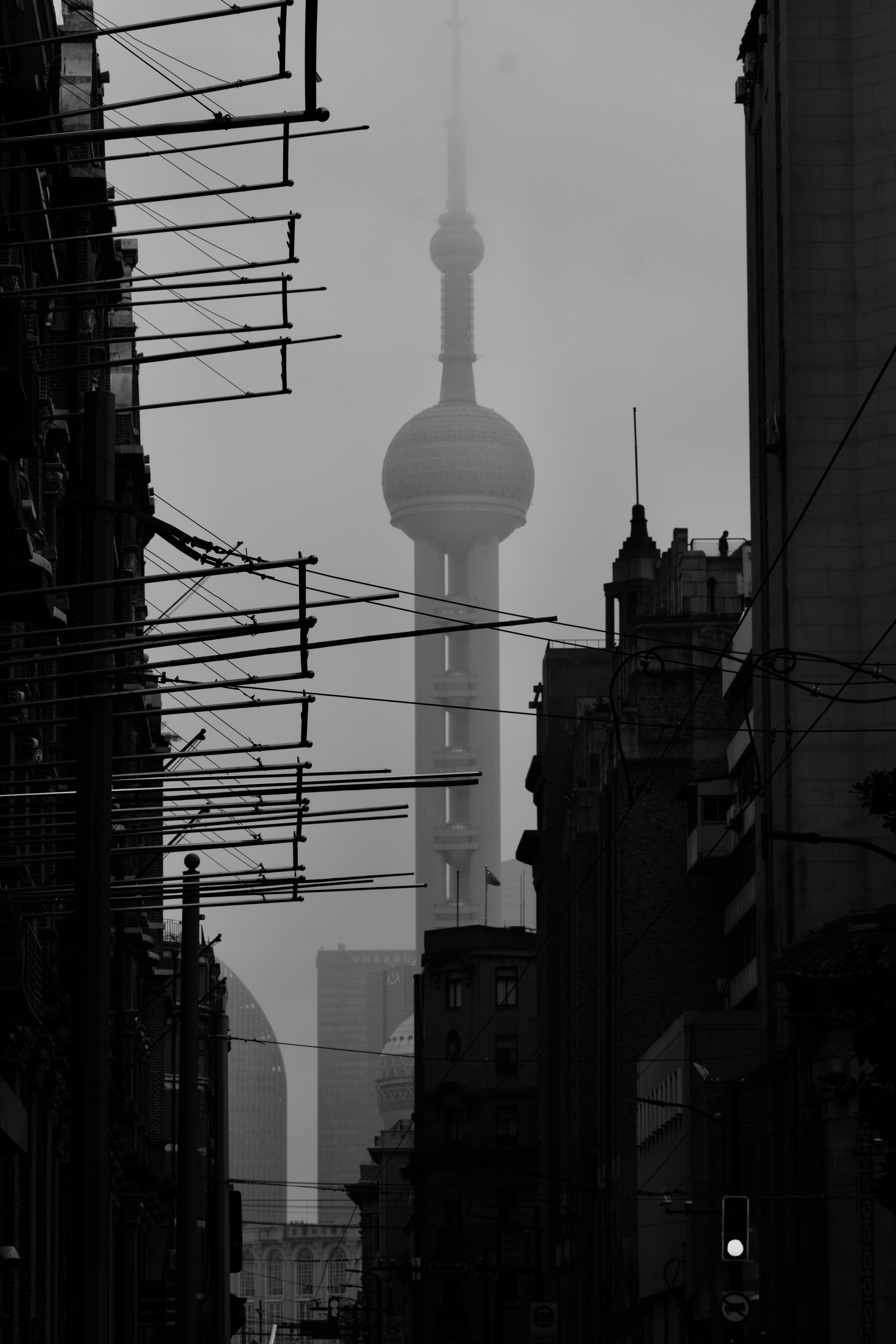 Threads of the City: Fog-Framed Shanghai Skyline with the Pearl Tower
