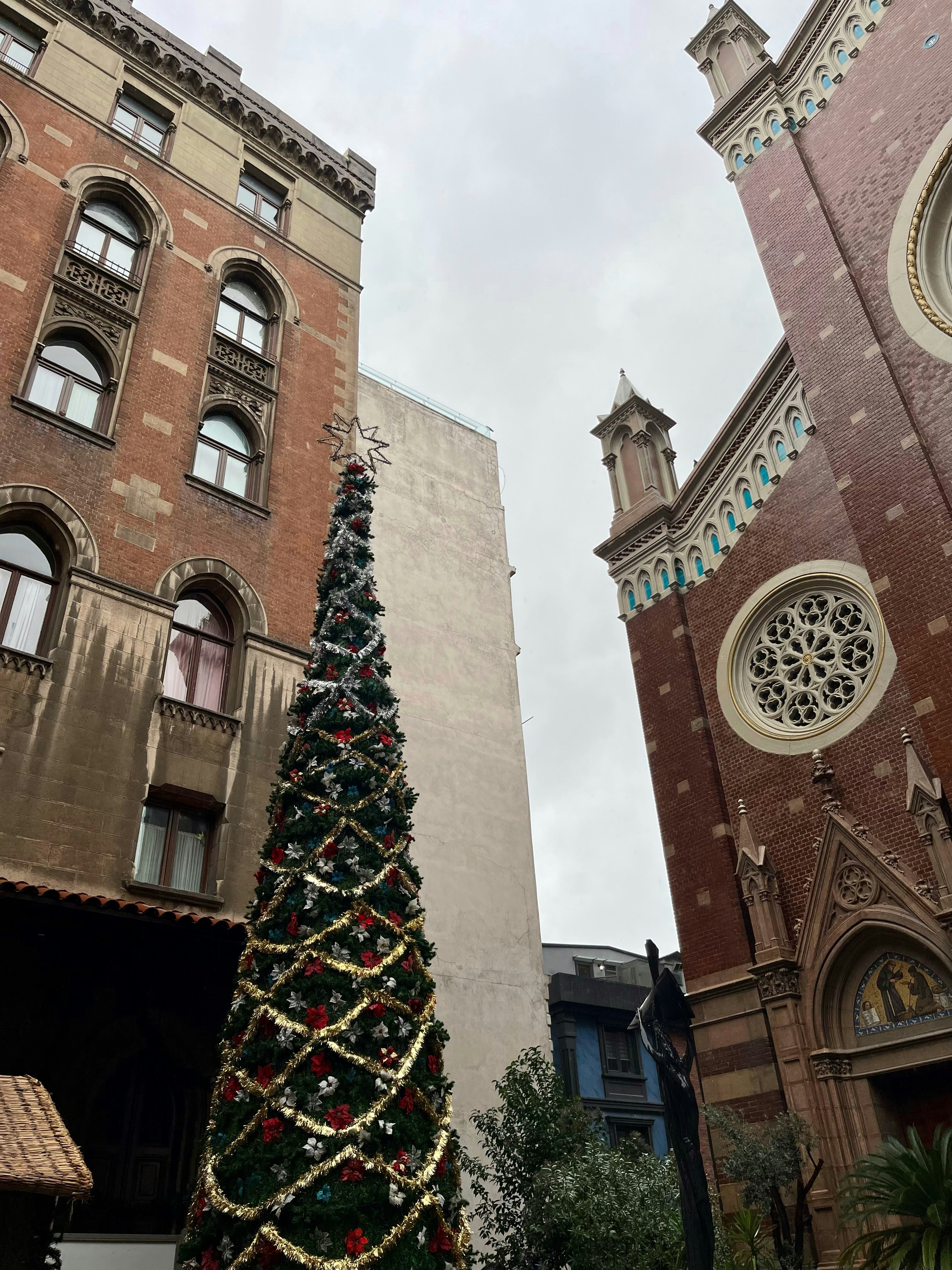 Luminescent Christmas Tree Framed by Brick Facades and a Gothic Church
