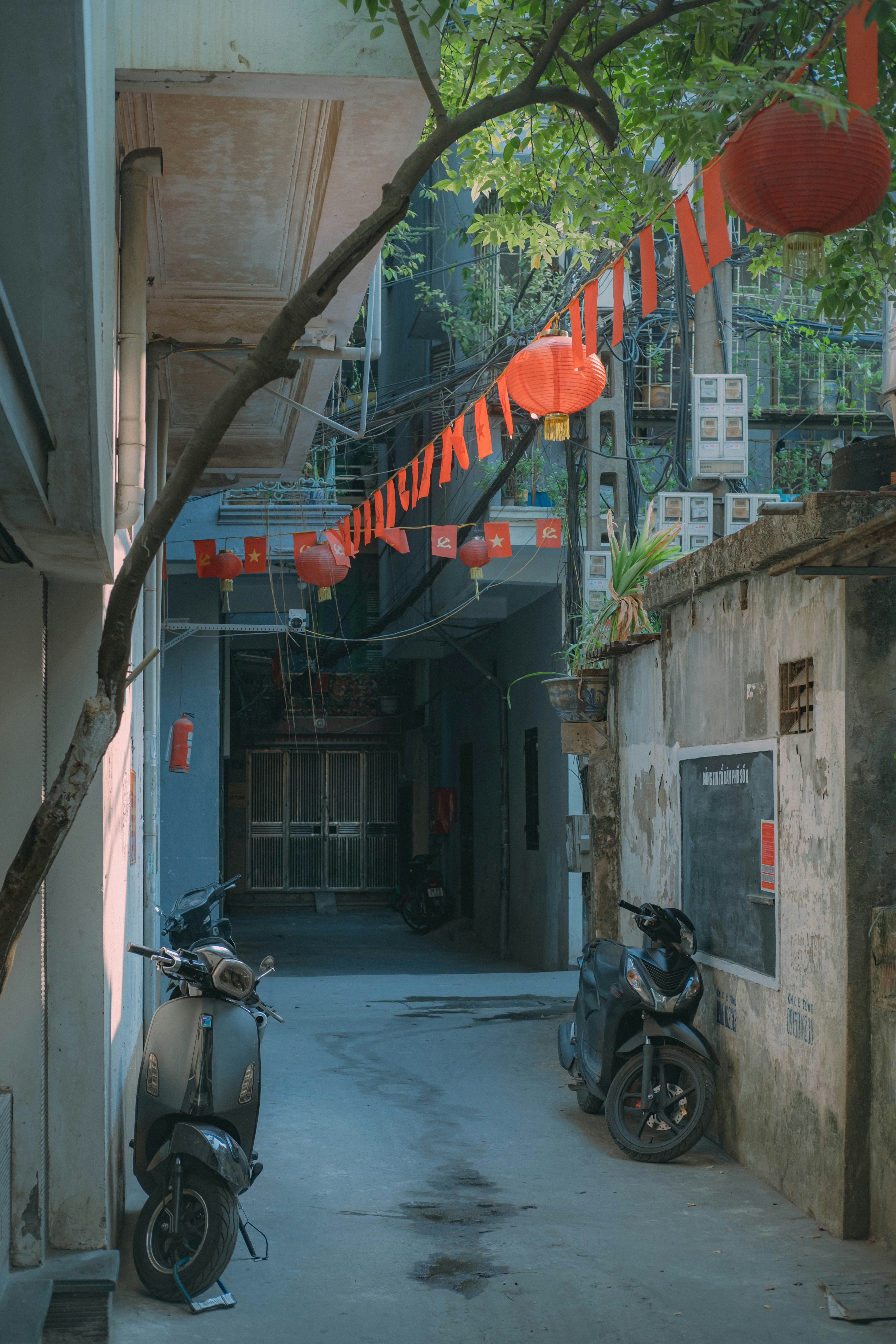 Red Lanterns Over a Blue-Alley Route