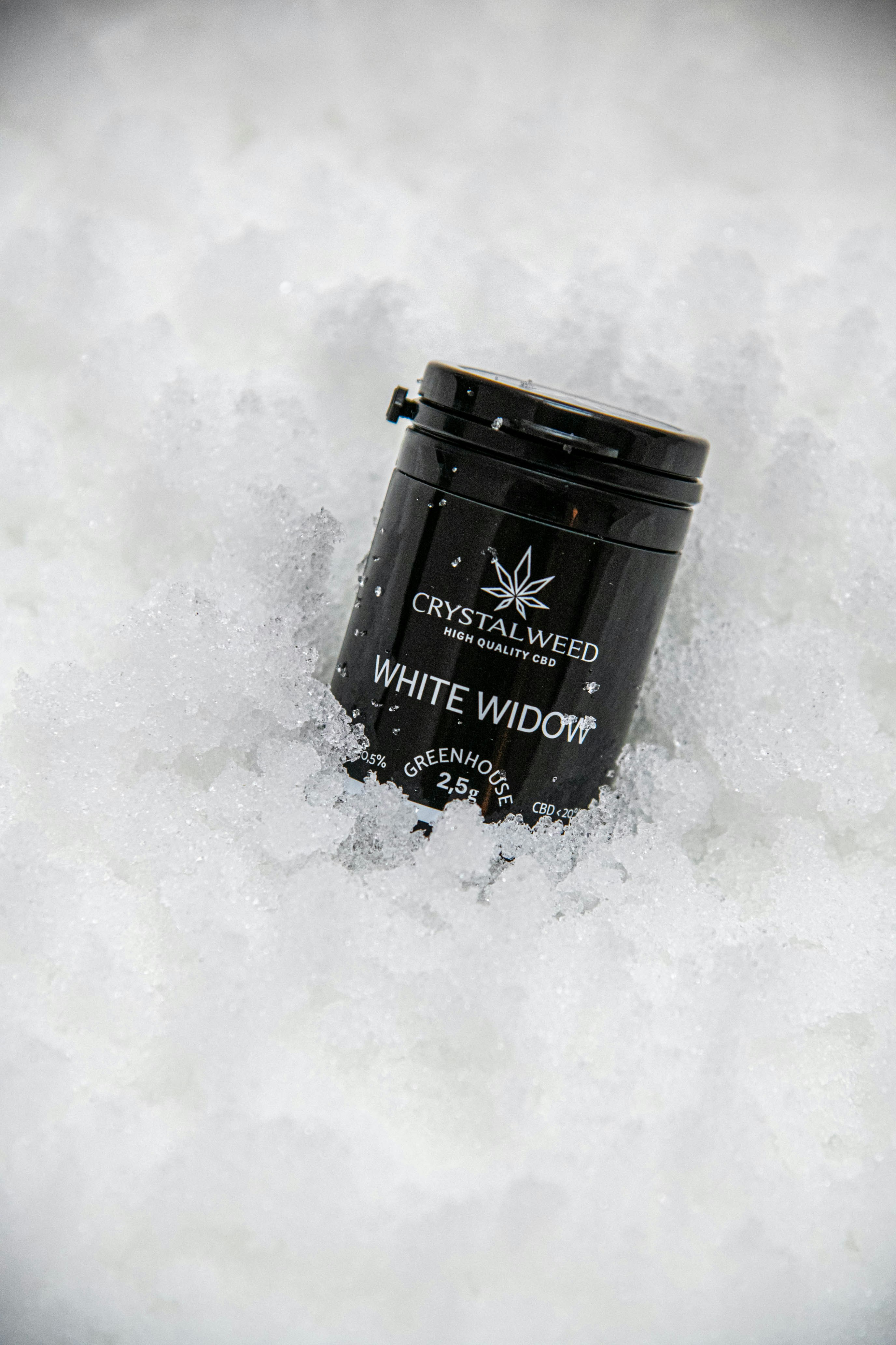 Snowbound White Widow: Crystalweed CBD Jar Half-Buried in Frost
