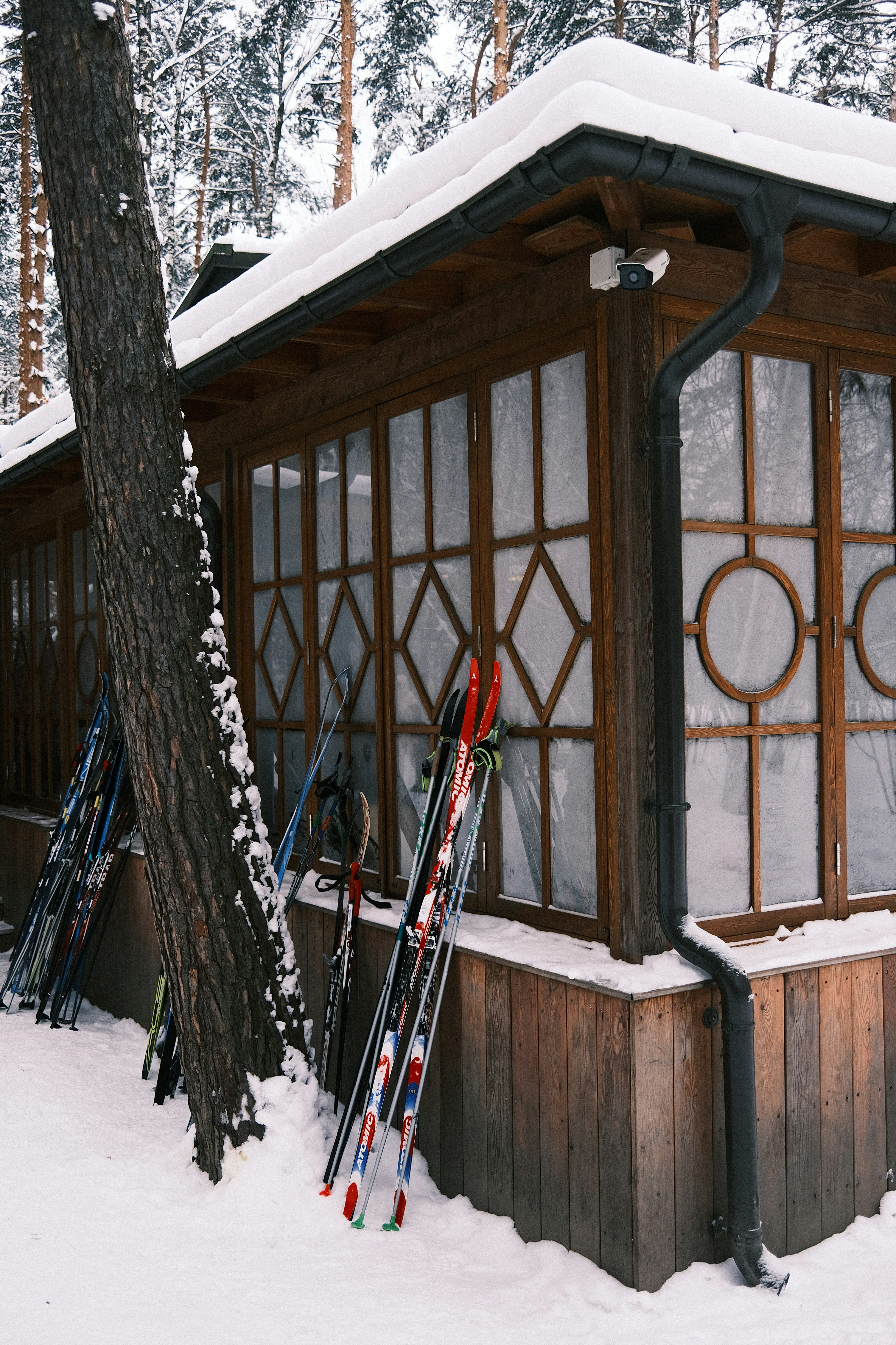 Winter Quiet: Skis Lean Against a Snowbound Chalet
