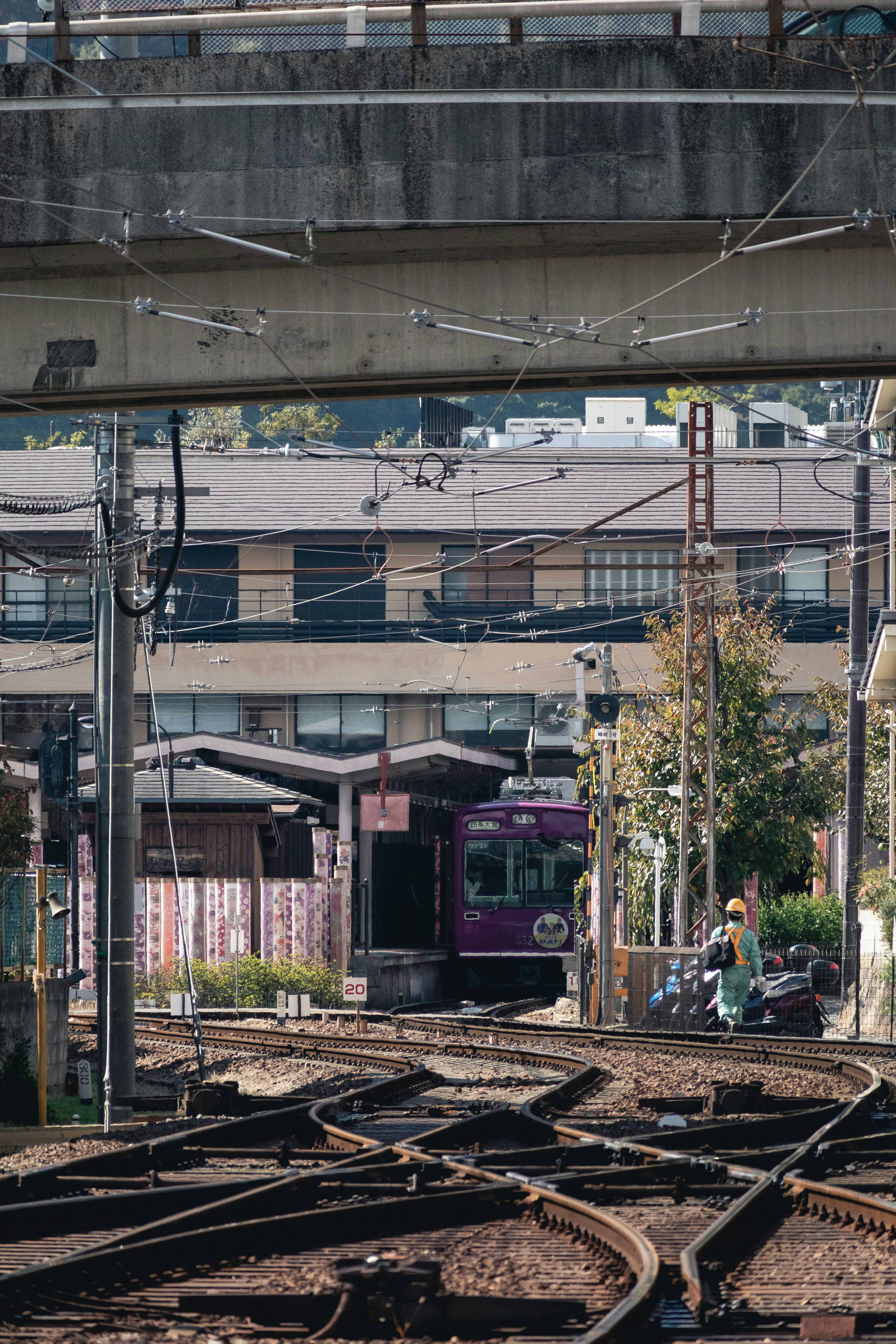 Purple Commuter at the Junction Under the Urban Rail Overpass