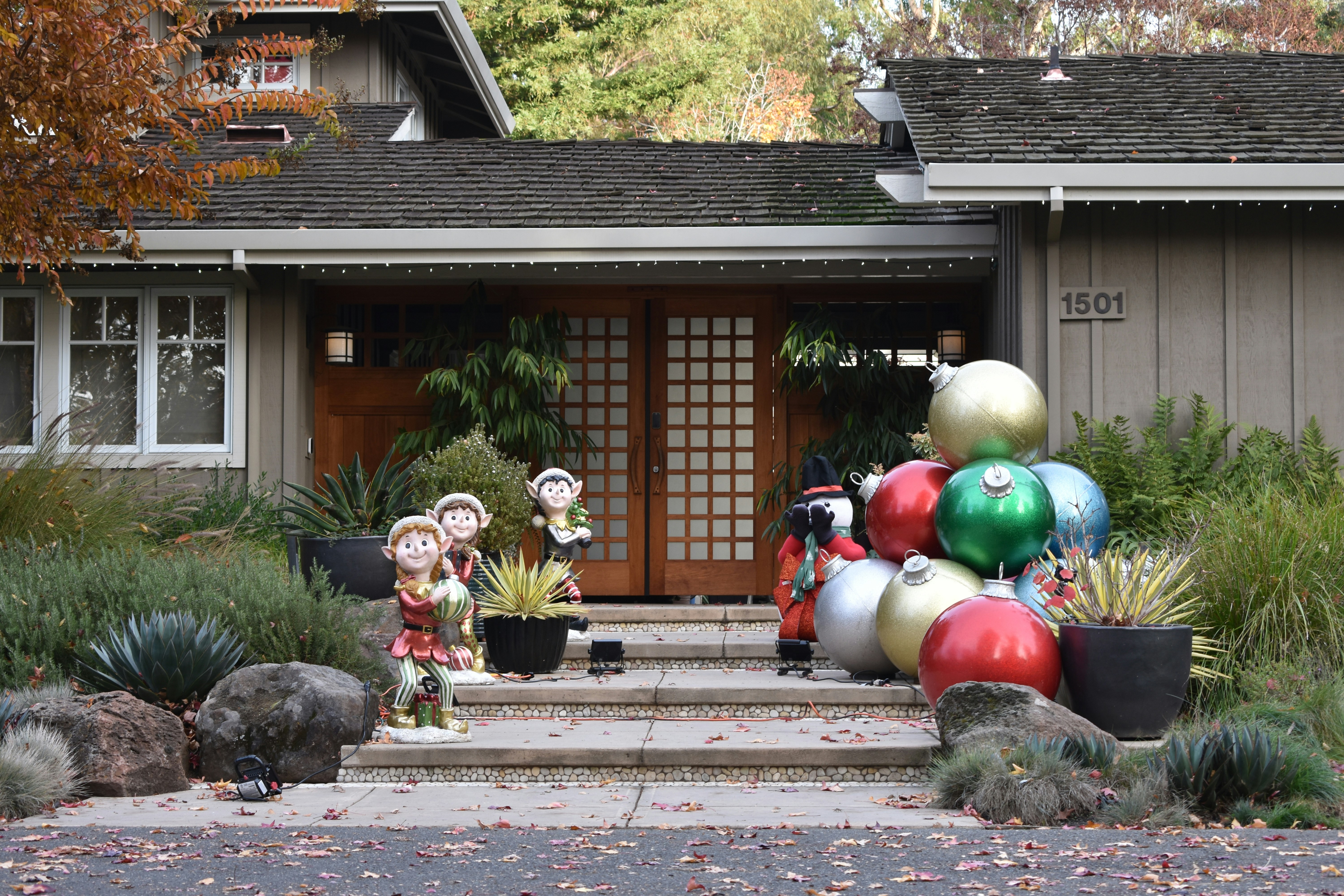 Colorful Balloon Orbs Guard the Suburban Front Door