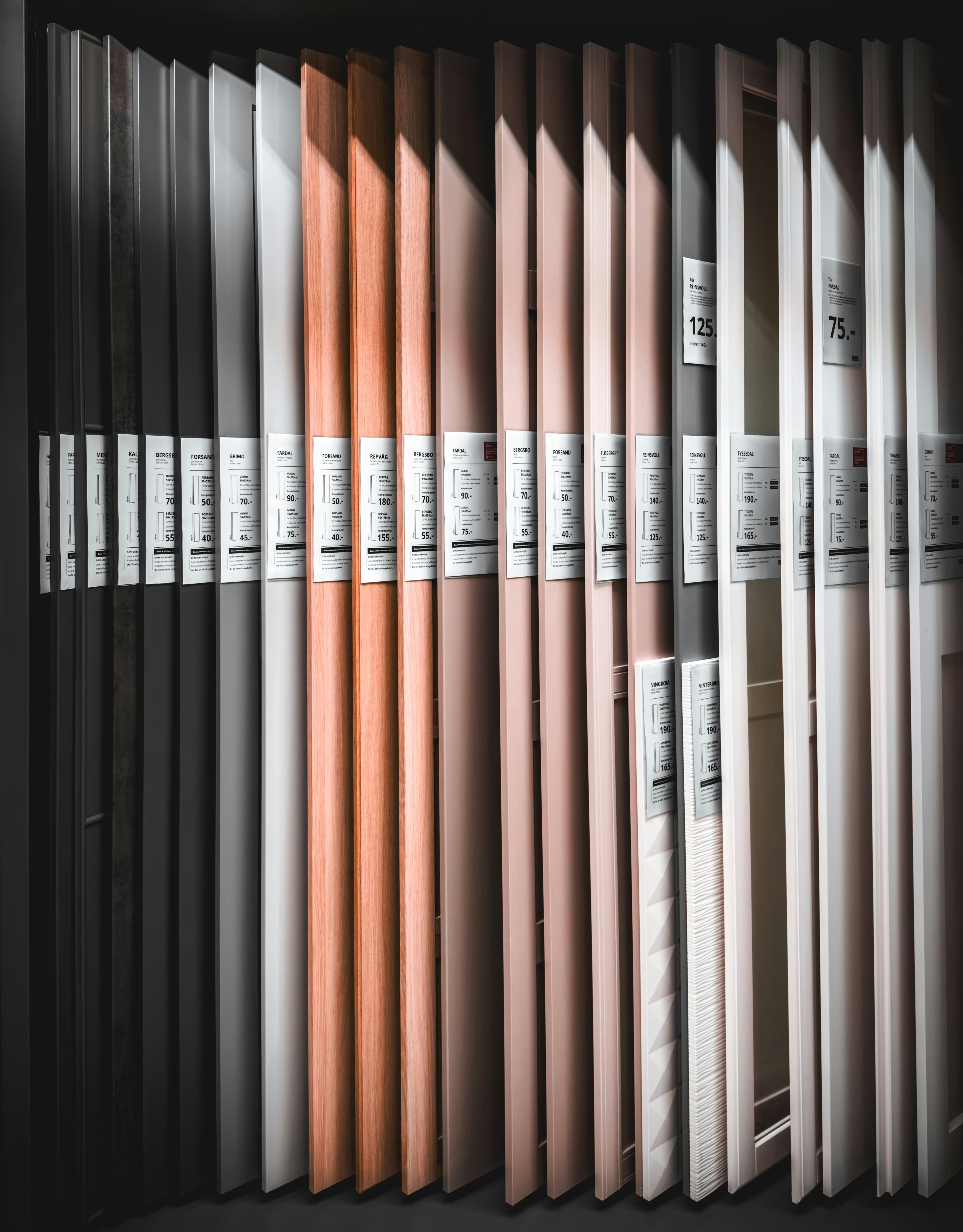 Chromatic Slats: A Seamless Row of Wood and Finish Samples