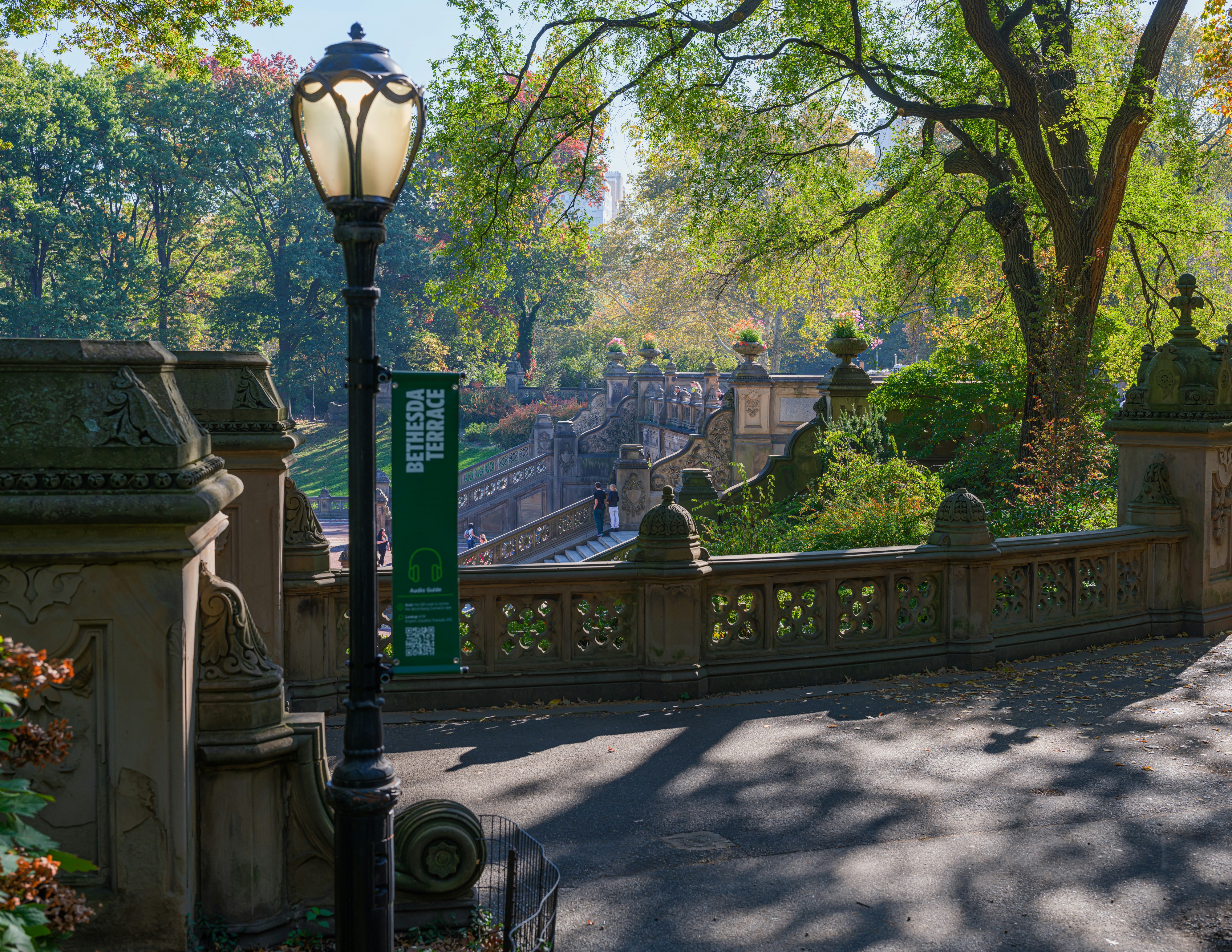 Sunlit Terrace at Central Park: A Quiet Streetlamp Breathing in the Shade