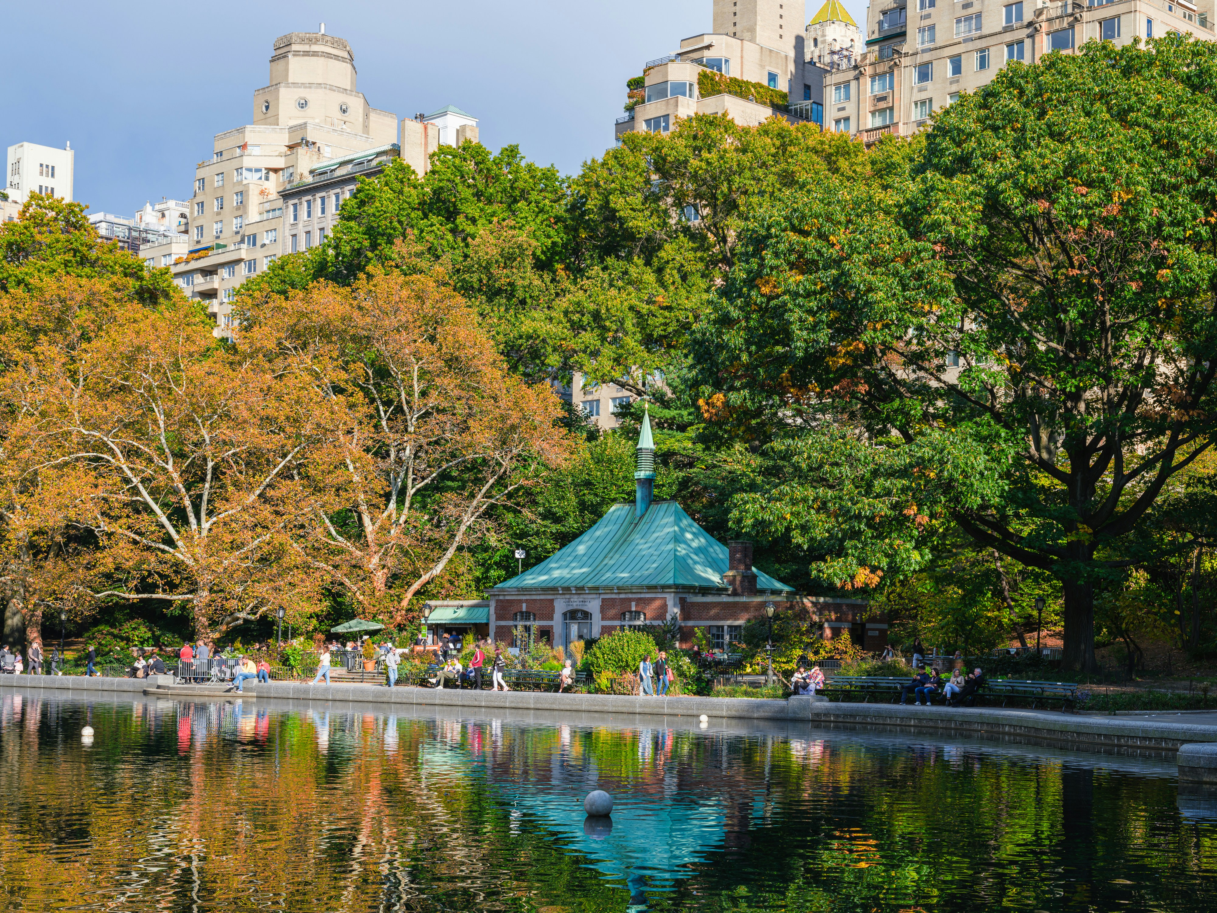 Teal Pavilion Amid Autumn Canopy Reflections at a City Park Lake